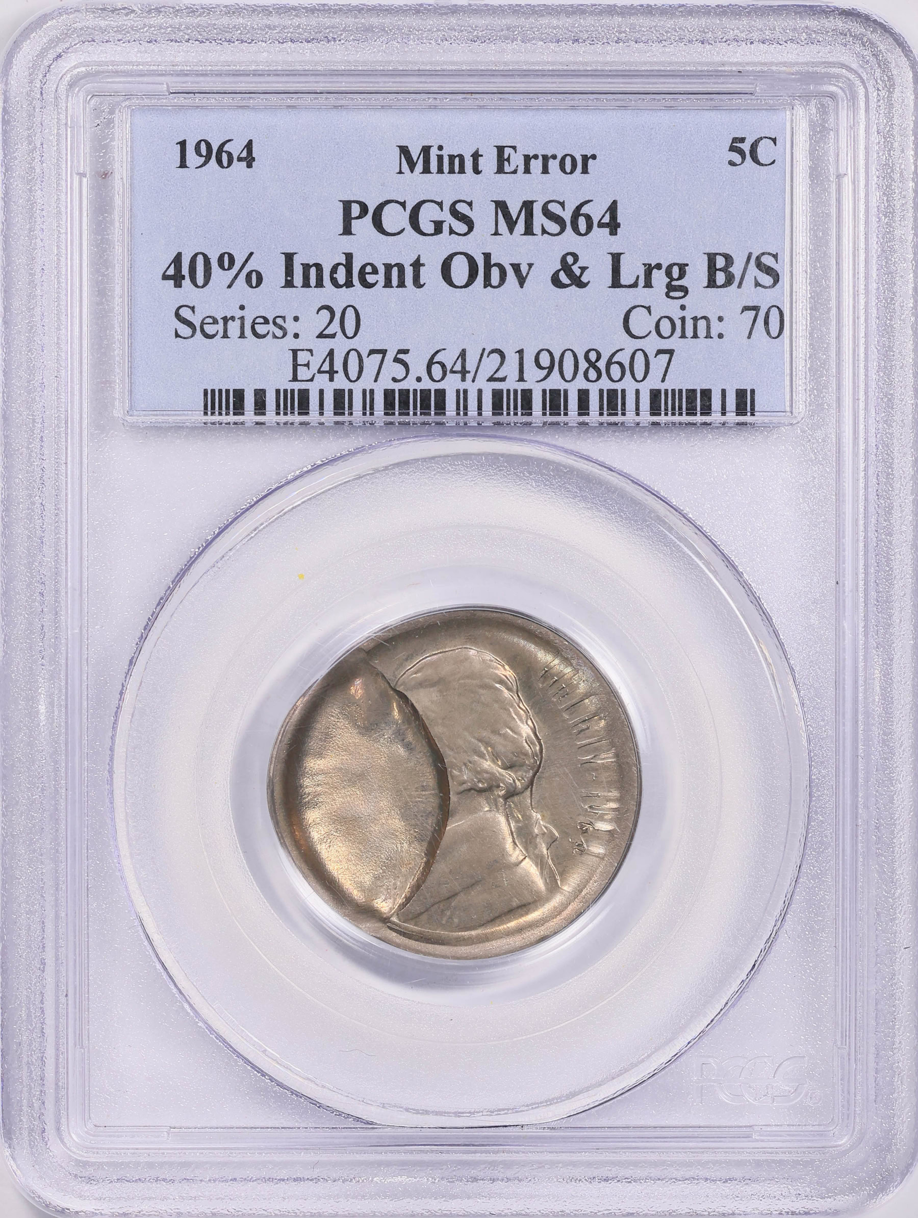 Mint Error 1964 Jefferson Nickel Large Broadstrike With 40% Obverse ...