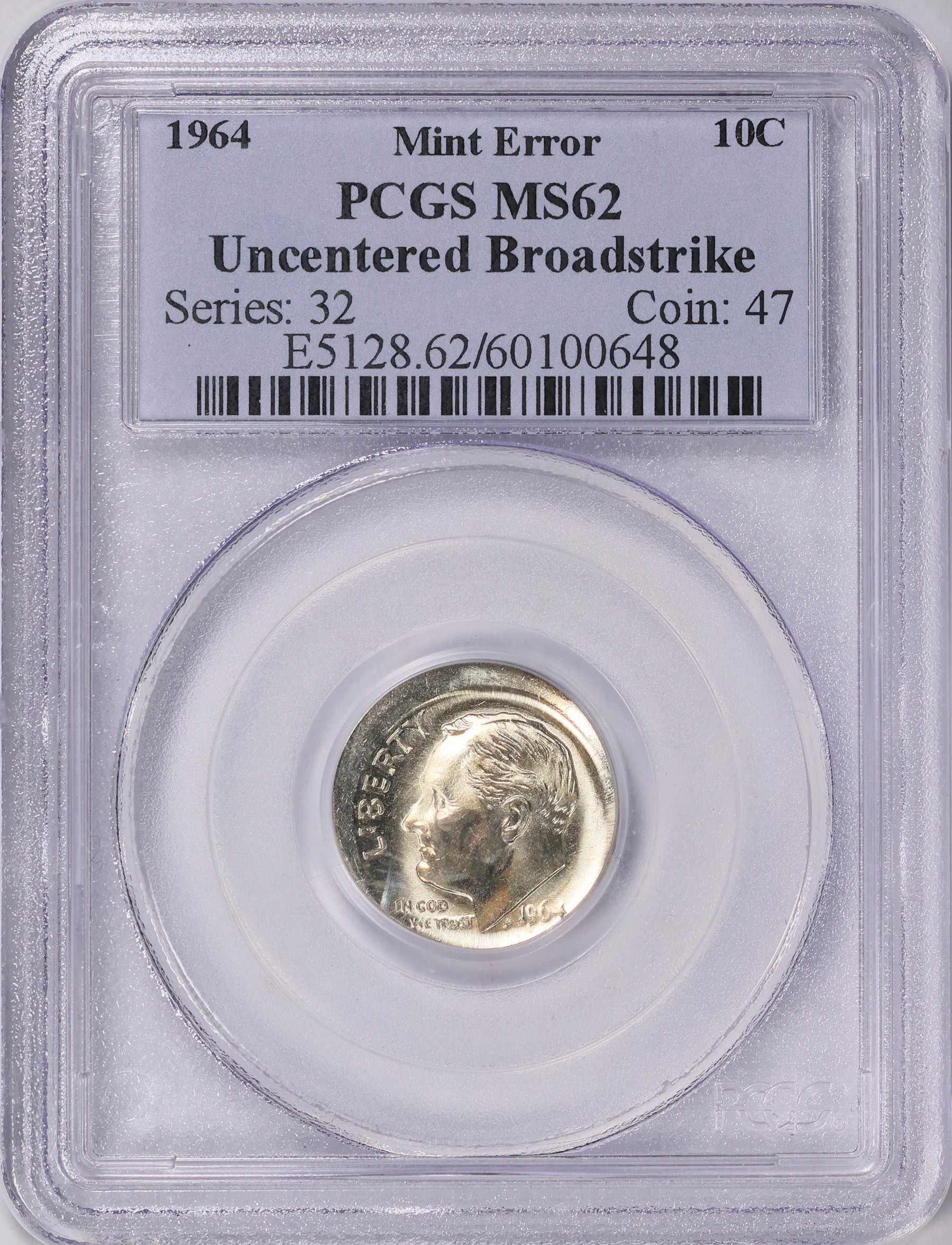 Mint Error 1964 Roosevelt Dime Uncentered Broadstrike PCGS MS-62 | PCGS ...