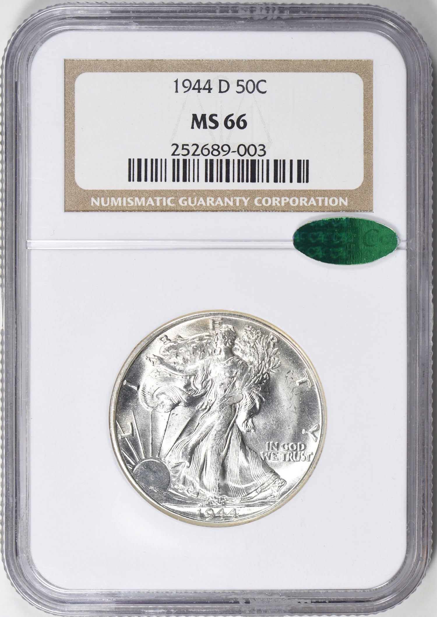 1944-D Walking Liberty Half Dollar NGC MS-66 (CAC Green) (Item 1654997) | GreatCollections Coin ...