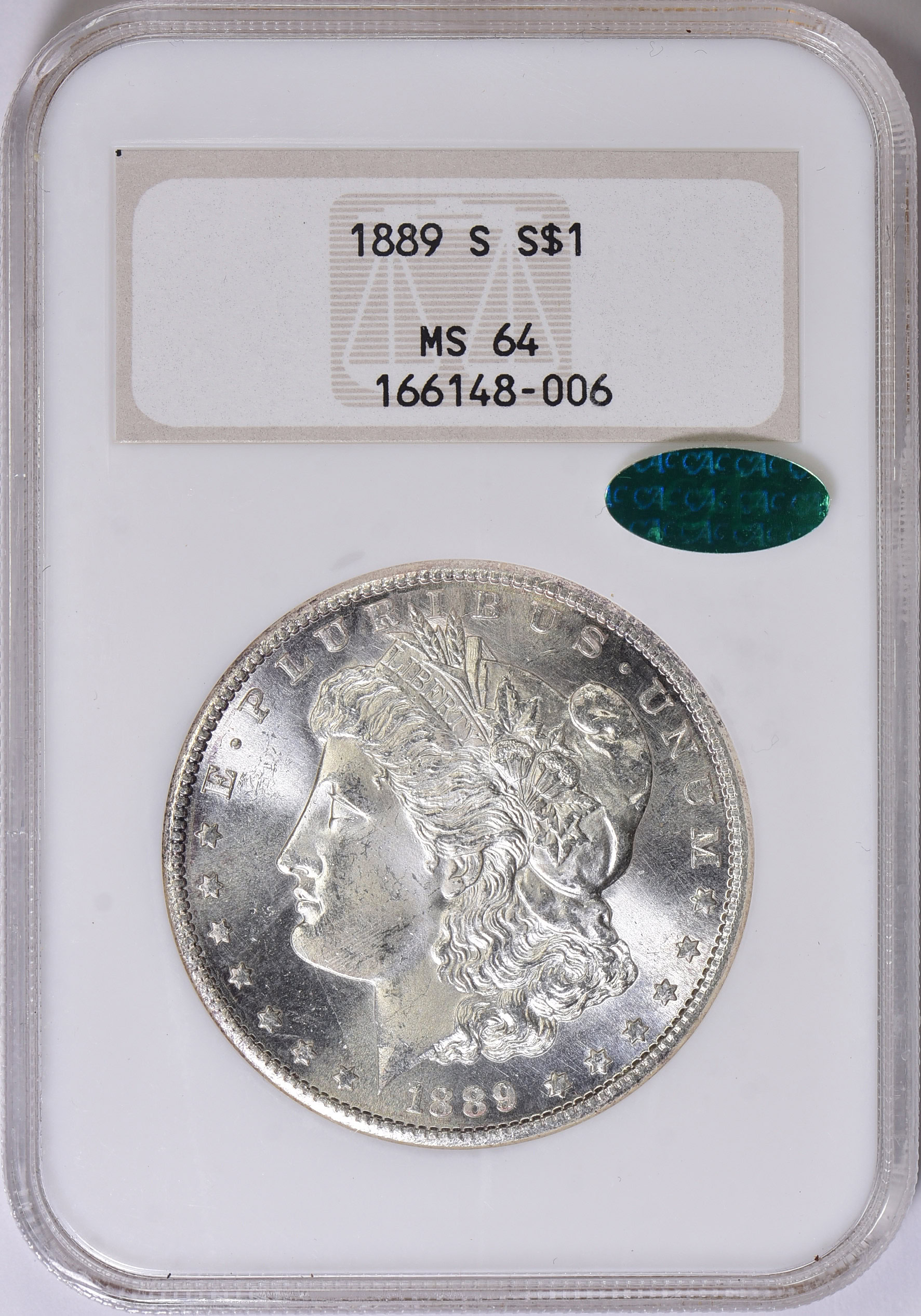 1889-S Morgan Silver Dollar NGC MS-64 (CAC Green) OH (Item 1654999) | GreatCollections Coin Auctions