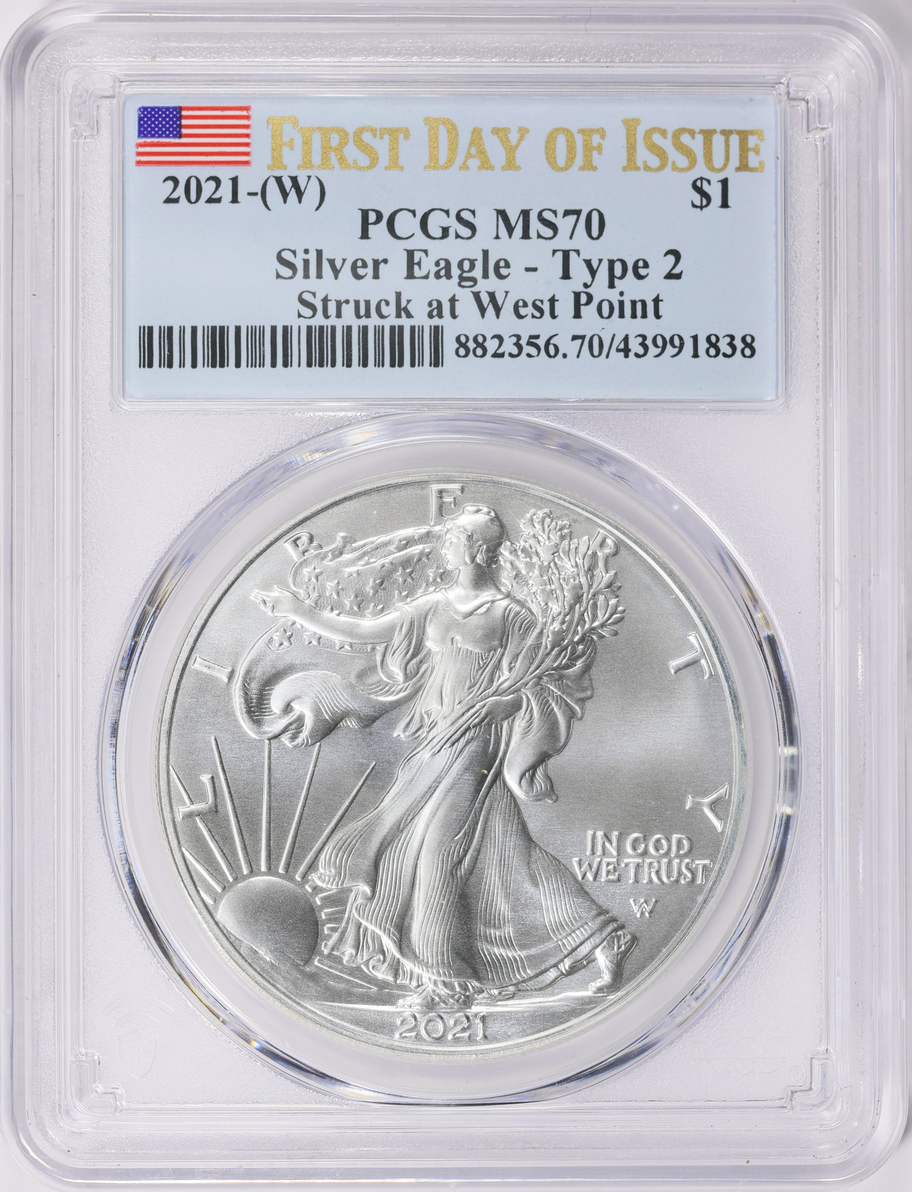 2021-(W) $1 Silver Eagle Type 2 Struck at West Point First Day of Issue PCGS MS-70 (Item 1655112 ...