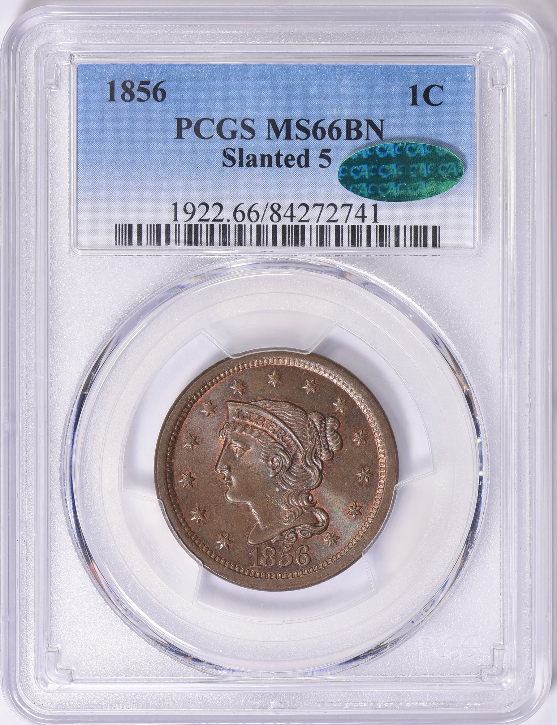 1856 Braided Hair Cent Slanted 5 PCGS MS-66 BN (CAC Green) (Item ...