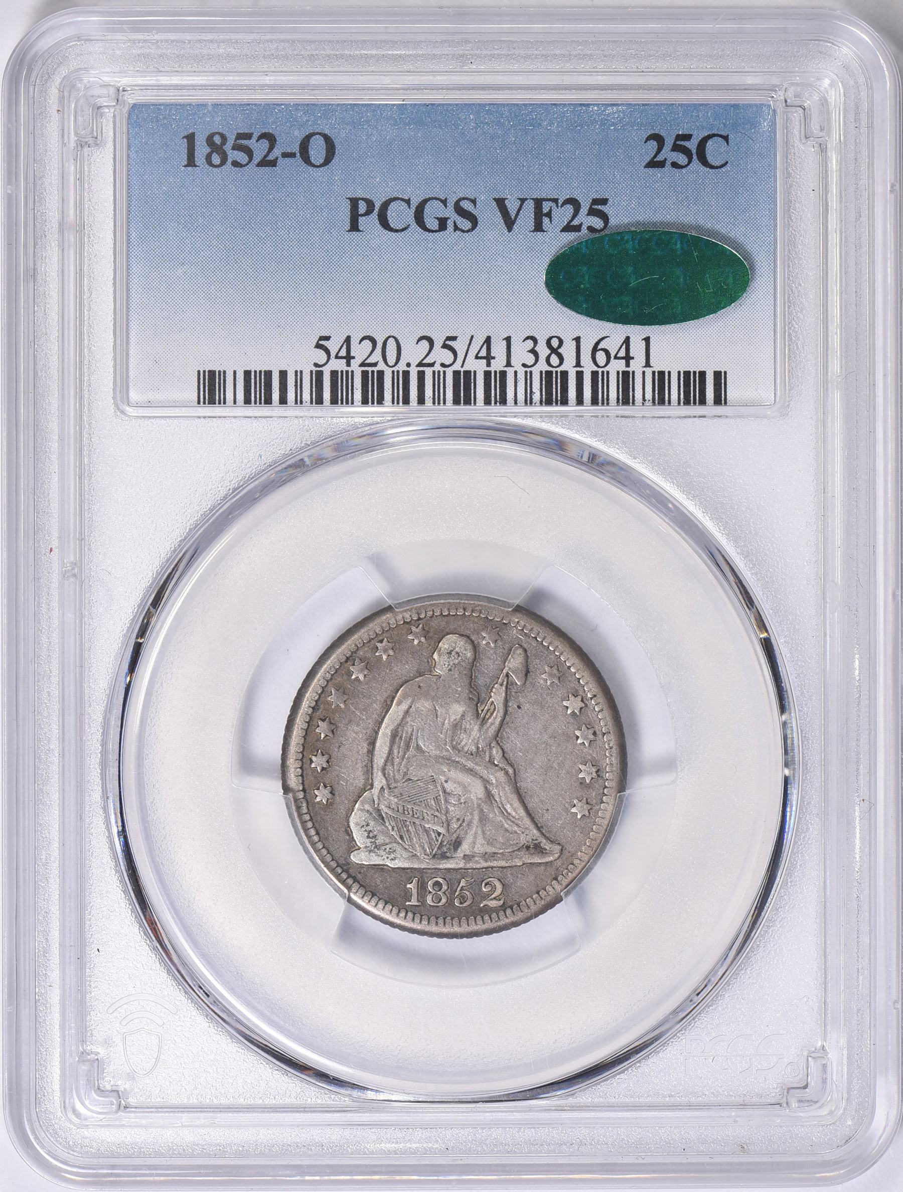 1852-O Seated Liberty Quarter PCGS VF-25 (CAC Green) (Item 1655458) | GreatCollections Coin Auctions