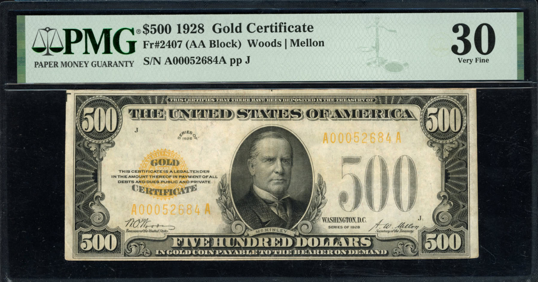 Fr. 2407 (AA Block) 1928 $500 Gold Certificate Note Woods / Mellon PMG ...