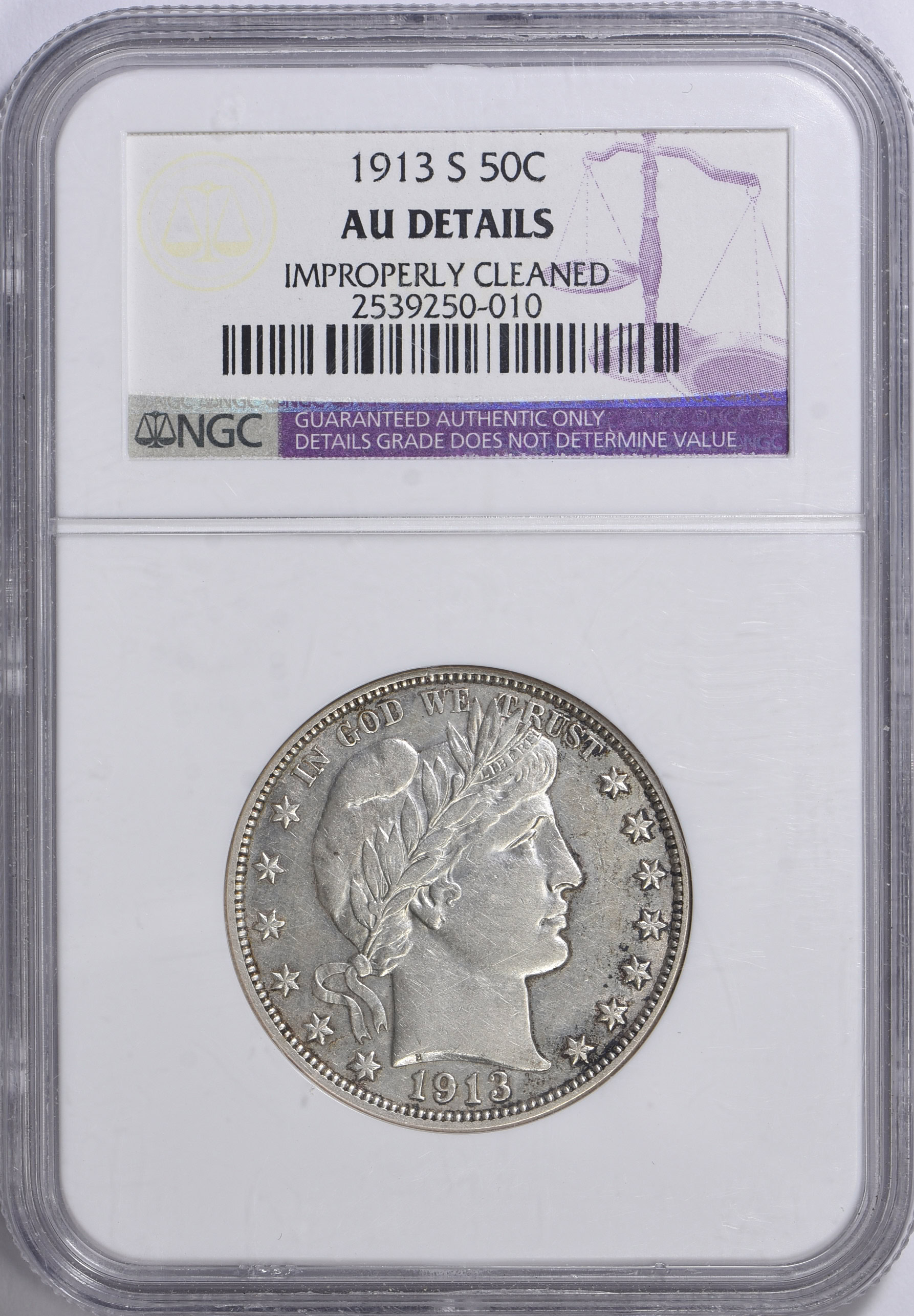 1913-S Barber Half Dollar NGC AU Details (Toned) (Item 1655728) | GreatCollections Coin Auctions