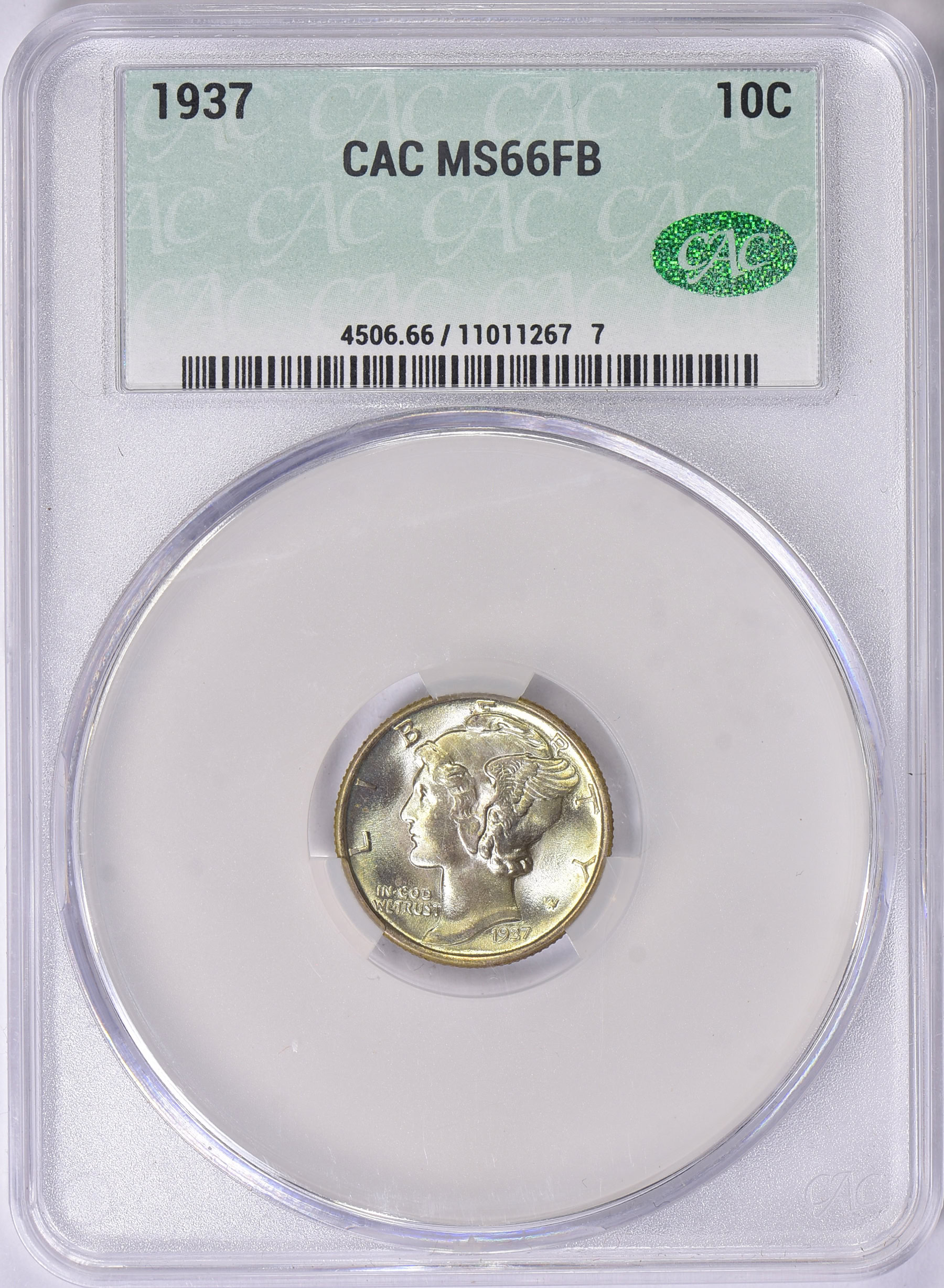 1937 Mercury Dime CACG MS-66 FB (Toned) (Item 1655772) | GreatCollections Coin Auctions