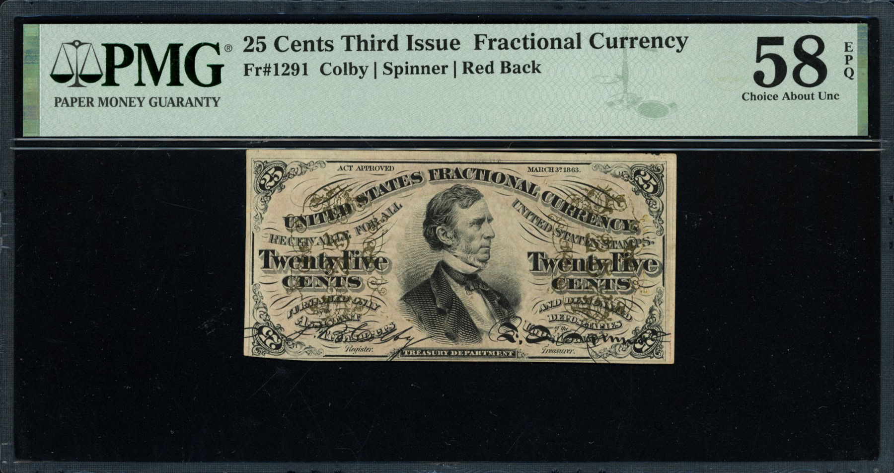 Fr. 1291 Third Issue 25 Cents Fractional Currency Note Colby / Spinner ...