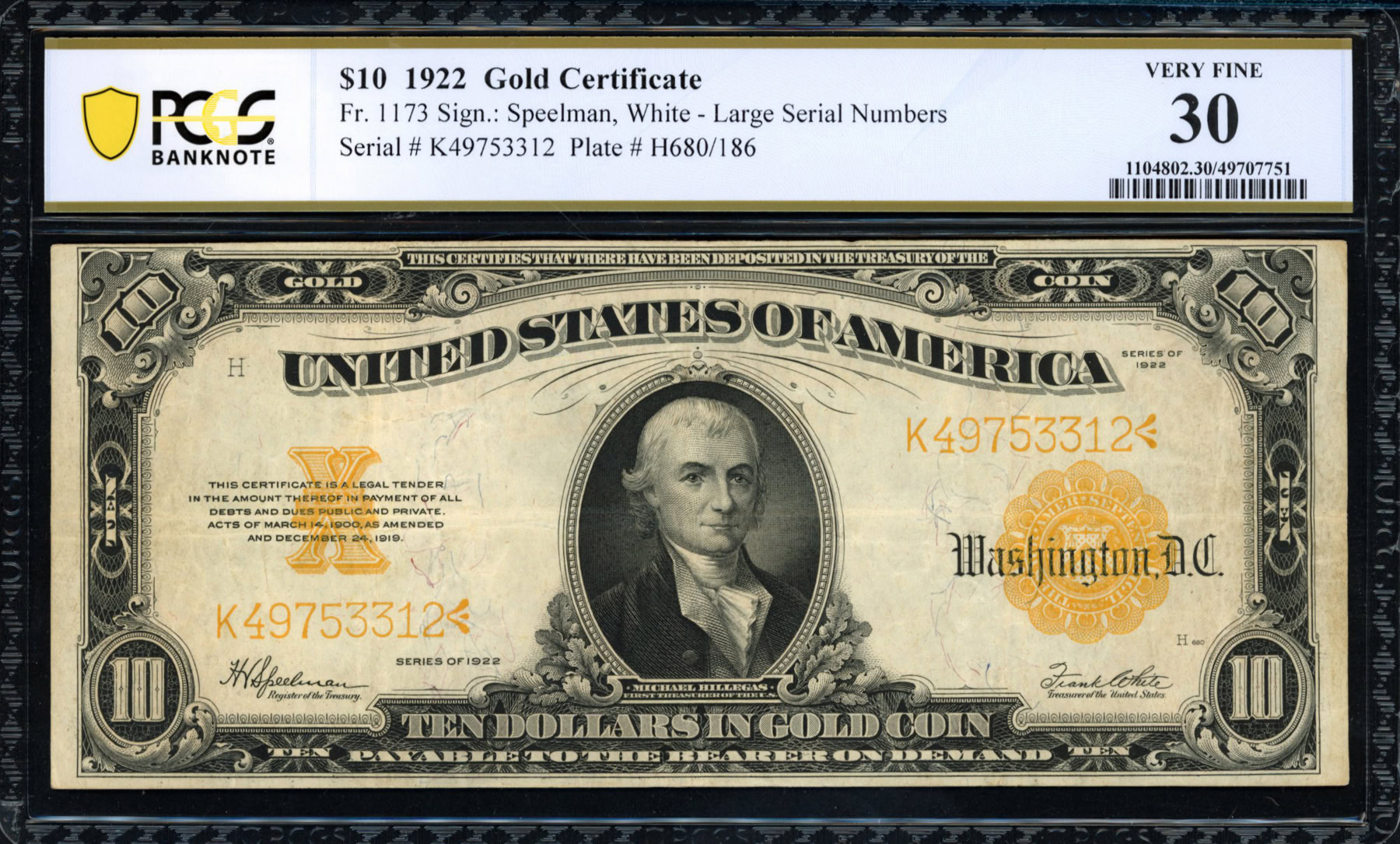 Fr. 1173 1922 $10 Gold Certificate Note Speelman / White PCGS Banknote ...
