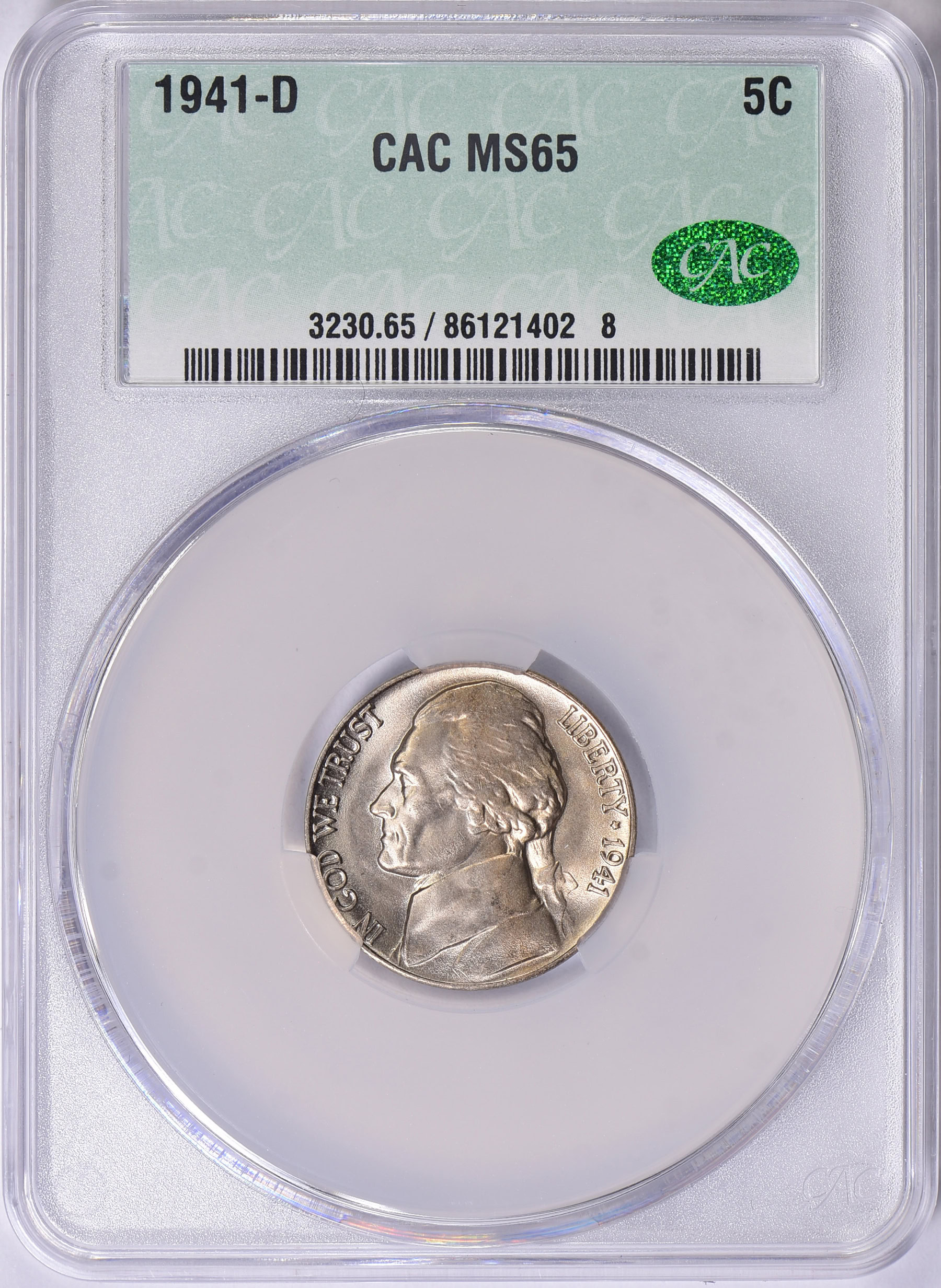 1941-D Jefferson Nickel CACG MS-65 (Toned) (Item 1655987) | GreatCollections Coin Auctions