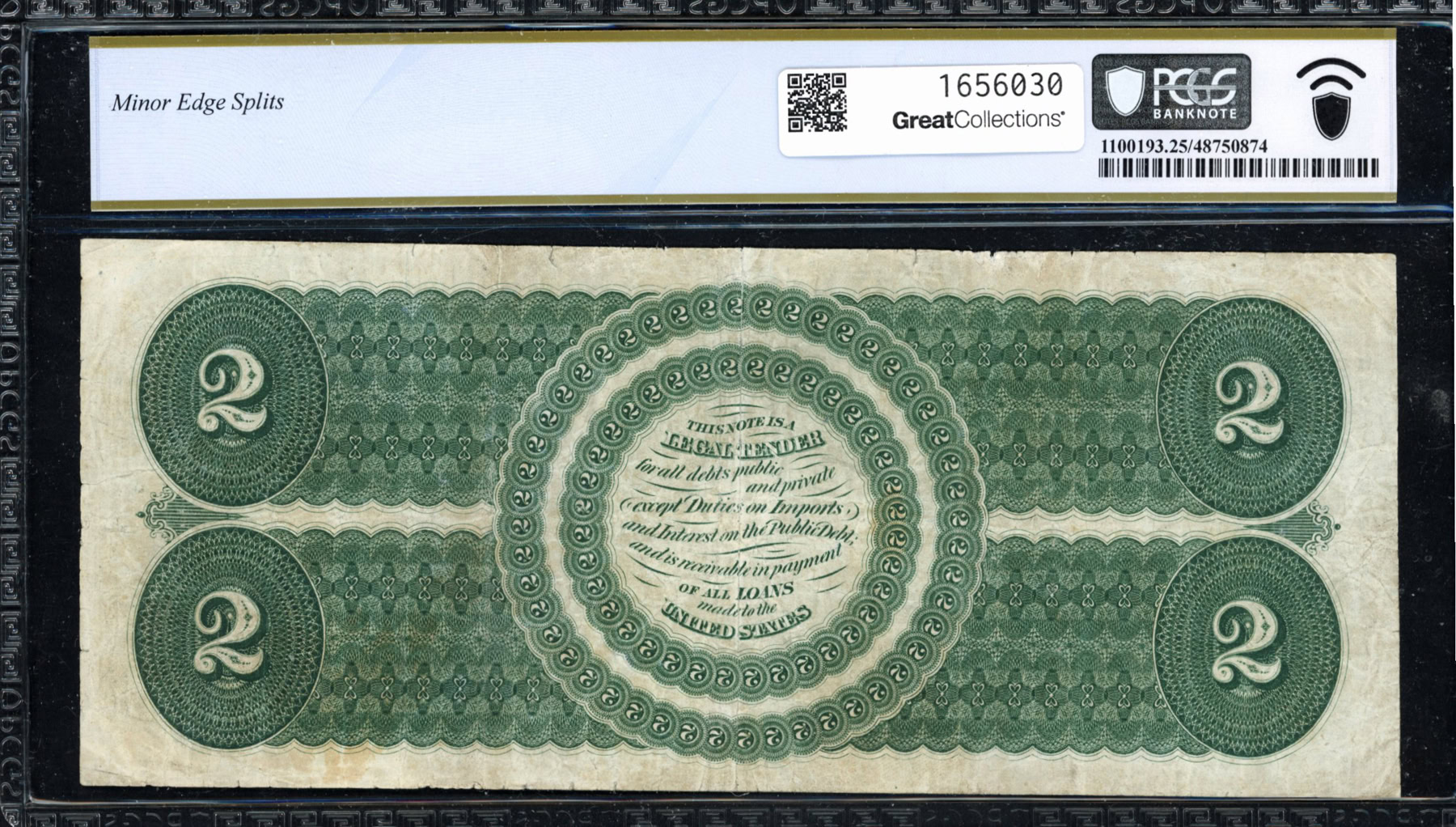 Fr. 41 1862 $2 Legal Tender Note Series 106 Chittenden / Spinner PCGS Banknote Very Fine 25 ...