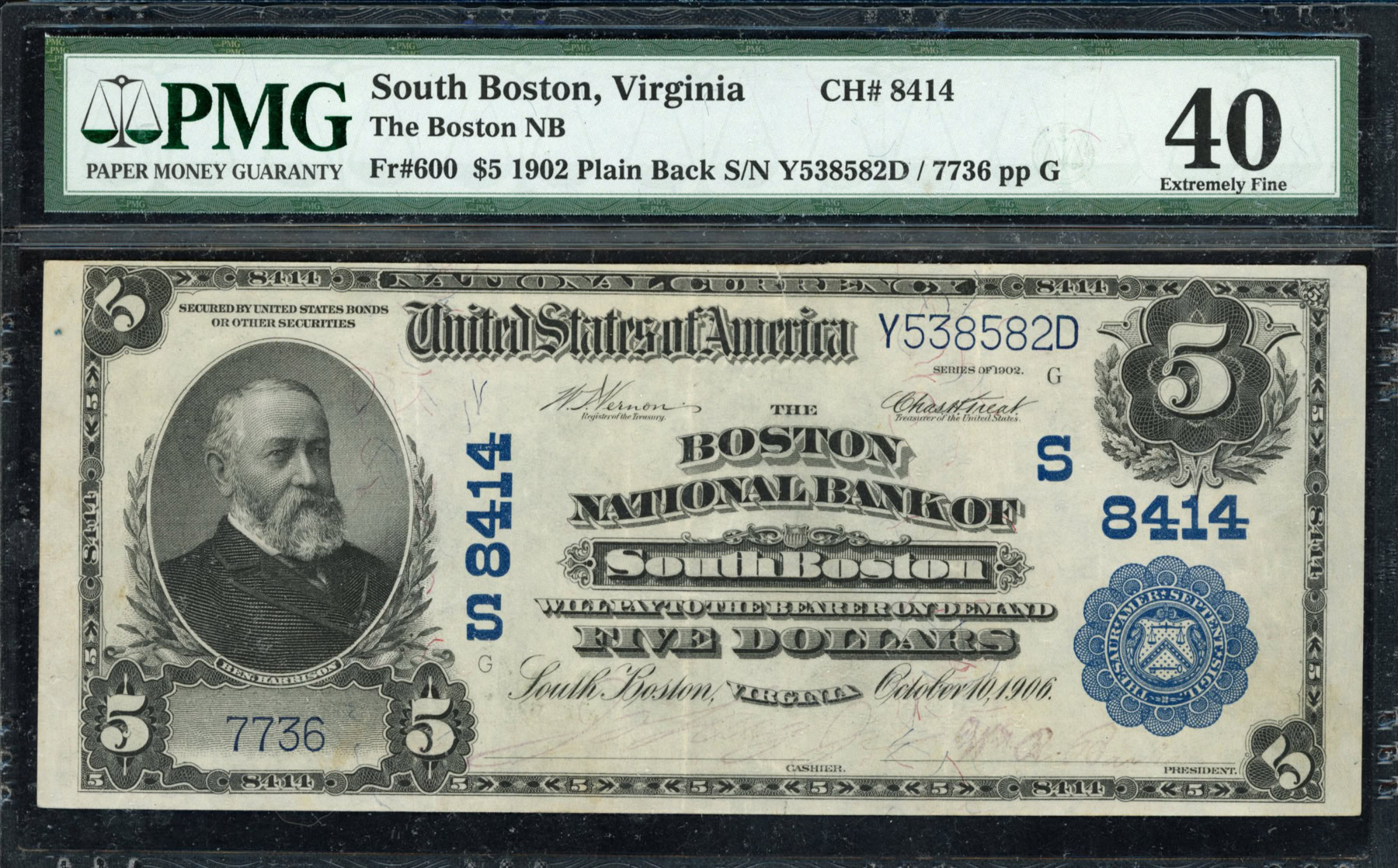Fr. 600 South Boston, Virginia 1902 The Boston National Bank $5 Plain ...
