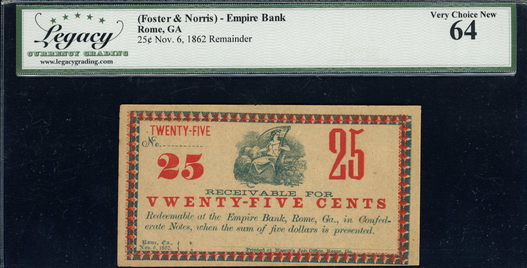 Nov. 6, 1862 Rome, Georgia Empire Bank 25 Cents Remainder Note Legacy ...