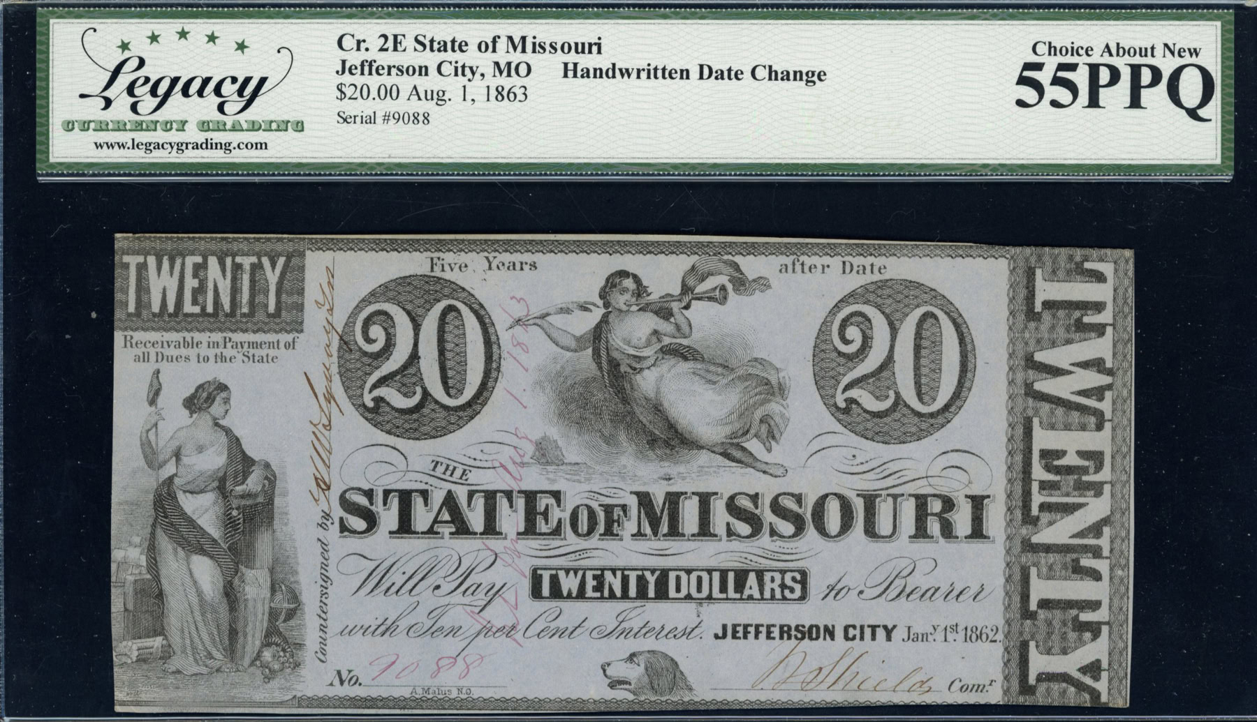 Aug. 1, 1863 Jefferson City, Missouri State of Missouri $20 Note ...