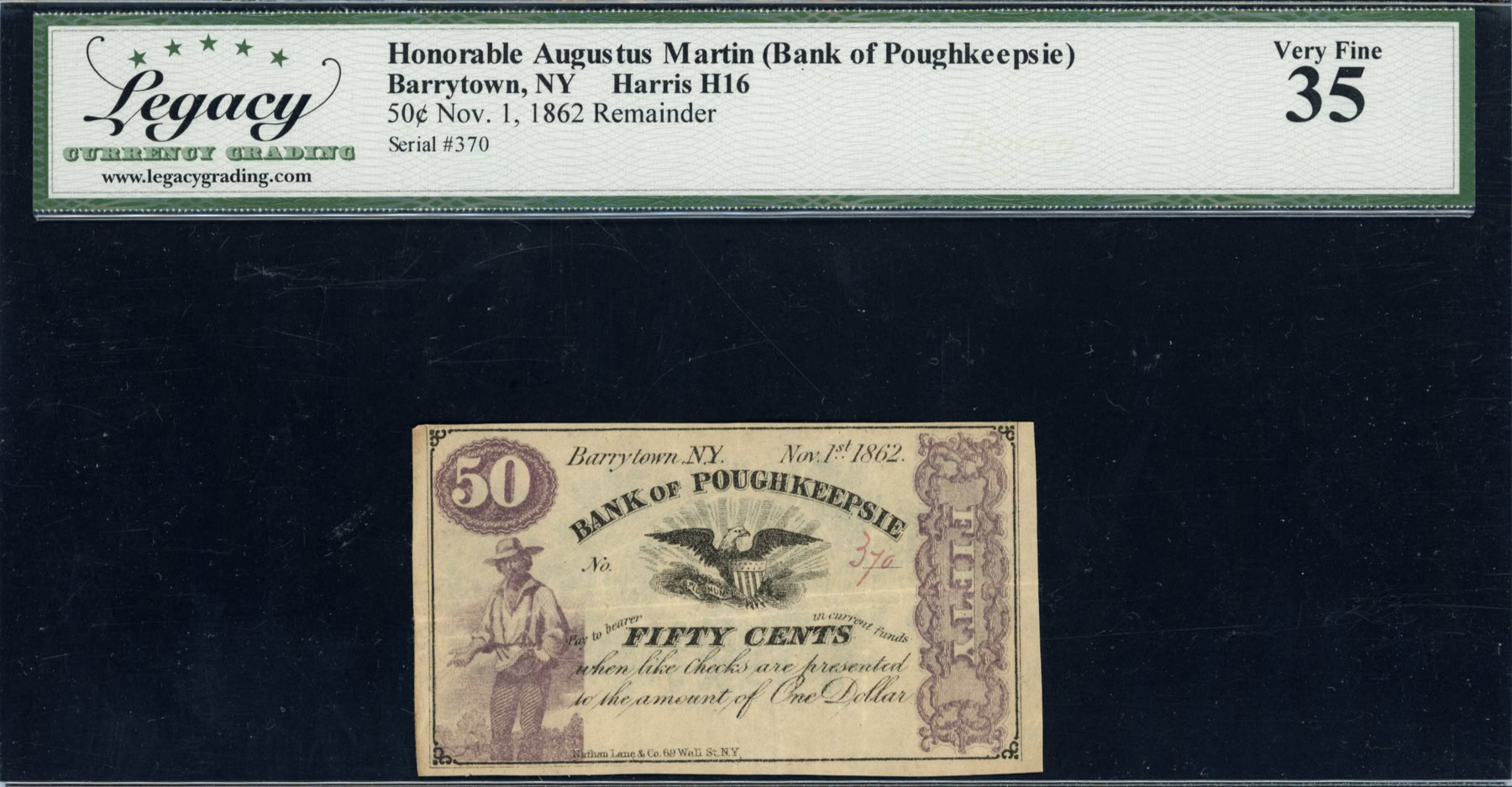 1862 Barrytown, New York Bank of Poughkeepsie 50 Cents Remainder Note ...