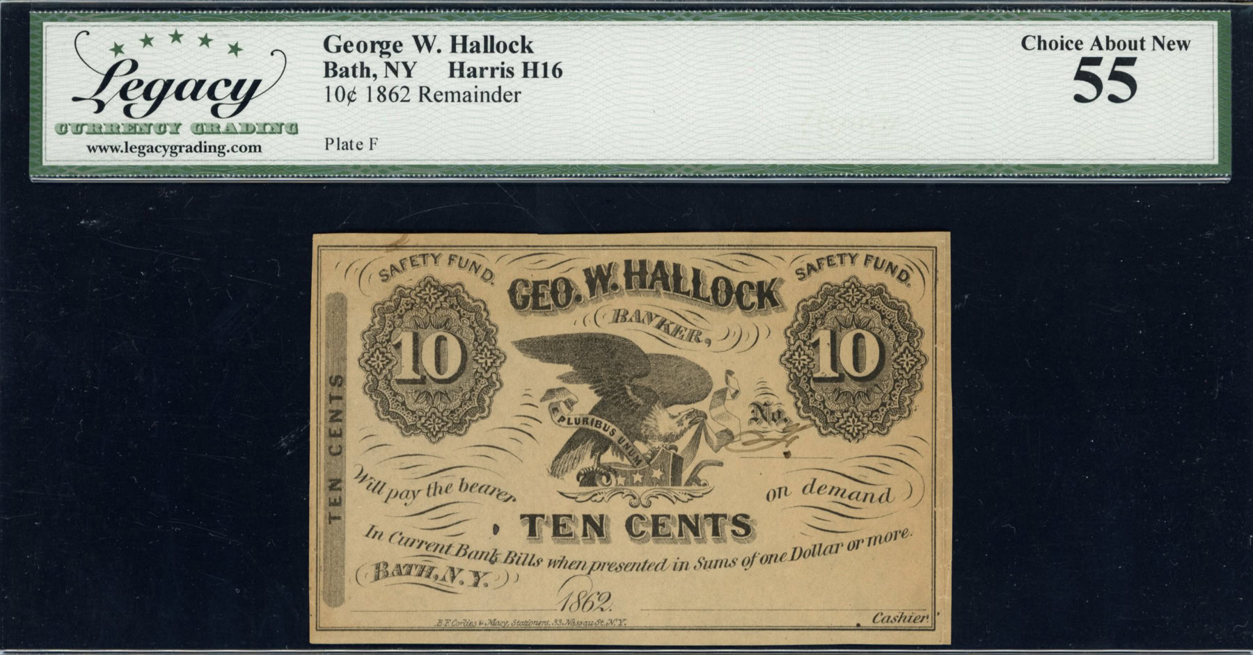 1862 Bath, New York George W. Hallock, Banker 10 Cents Remainder Note ...