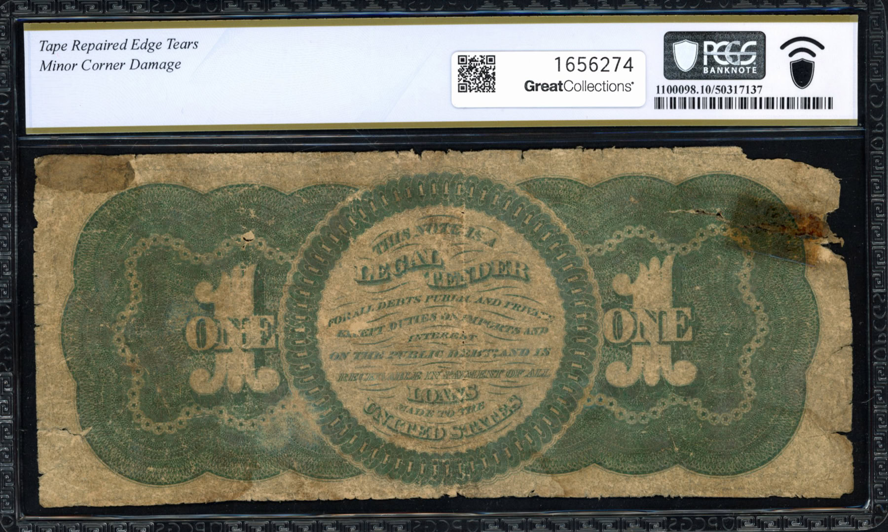 Fr. 17a 1862 $1 Legal Tender Note Series 30 Chittenden / Spinner PCGS ...