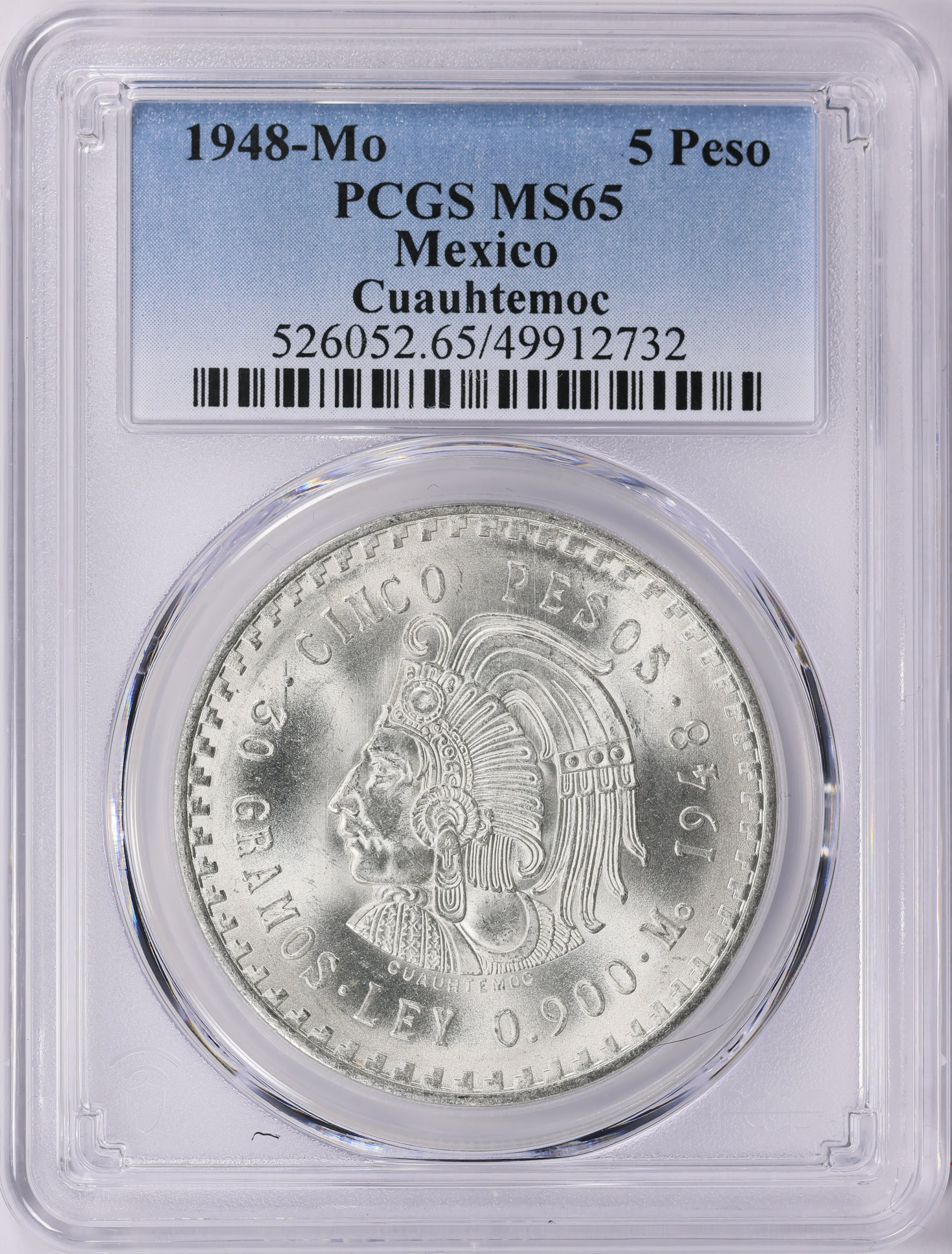 Mexico 1948-Mo Silver 5 Pesos Cuauhtemoc KM-465 PCGS MS-65 (ASW = 0. ...