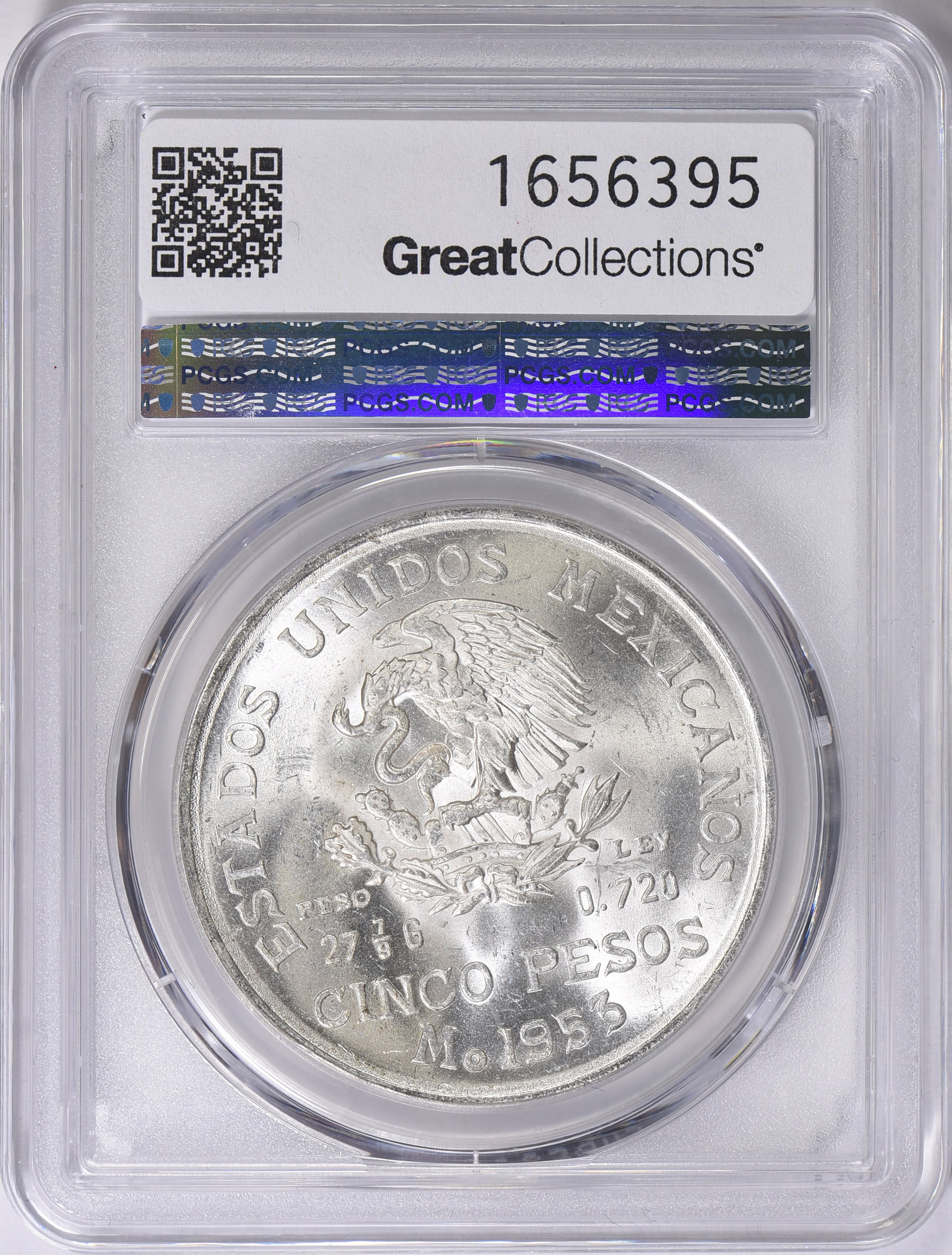 Mexico 1953-Mo Silver 5 Pesos Hidalgo KM-468 PCGS MS-64 (ASW = 0.643 Oz ...
