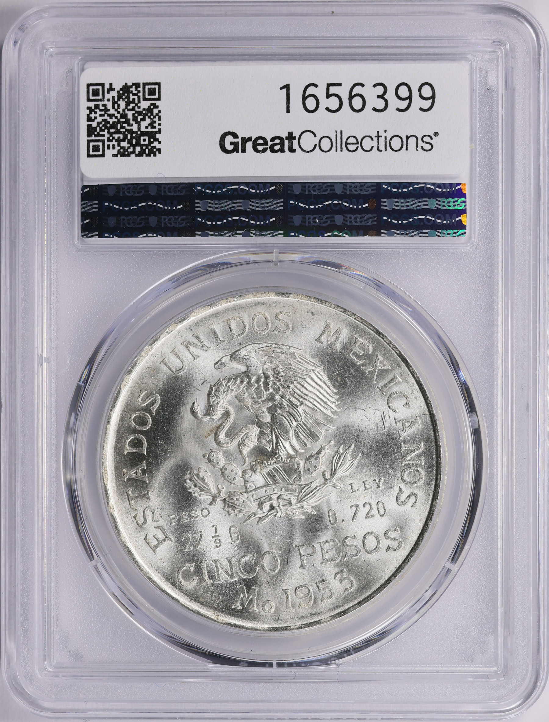 Mexico 1953-Mo Silver 5 Pesos Hidalgo KM-468 PCGS MS-64 (ASW = 0.643 Oz ...