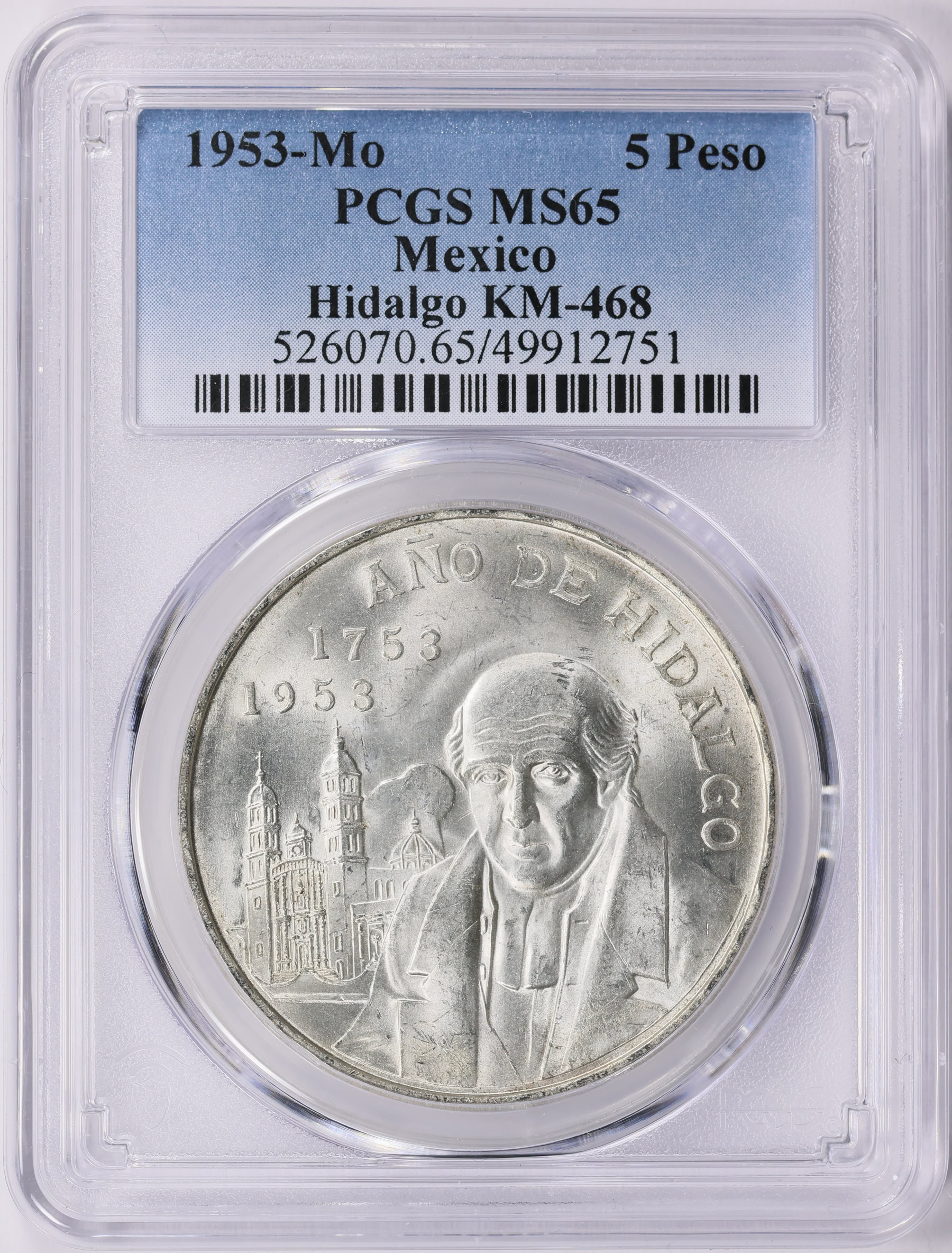Mexico 1953-Mo Silver 5 Pesos Hidalgo KM-468 PCGS MS-65 (ASW = 0.643 Oz ...