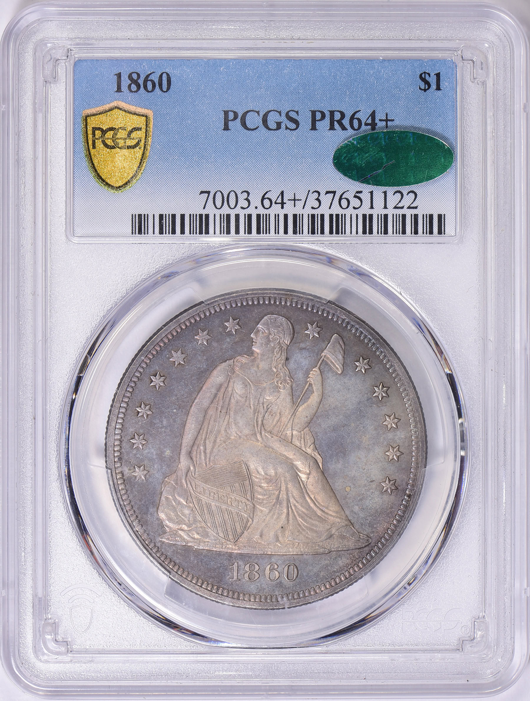 1860 Seated Liberty Silver Dollar PCGS Proof-64+ (CAC Green) (Toned) (Item 1656524 ...