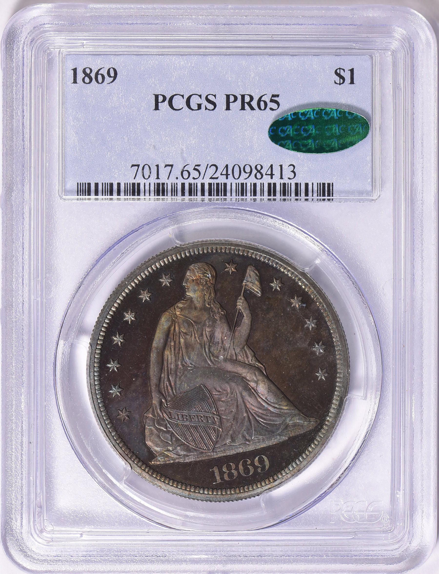 1869 Seated Liberty Silver Dollar PCGS Proof-65 (CAC Green) (Toned ...