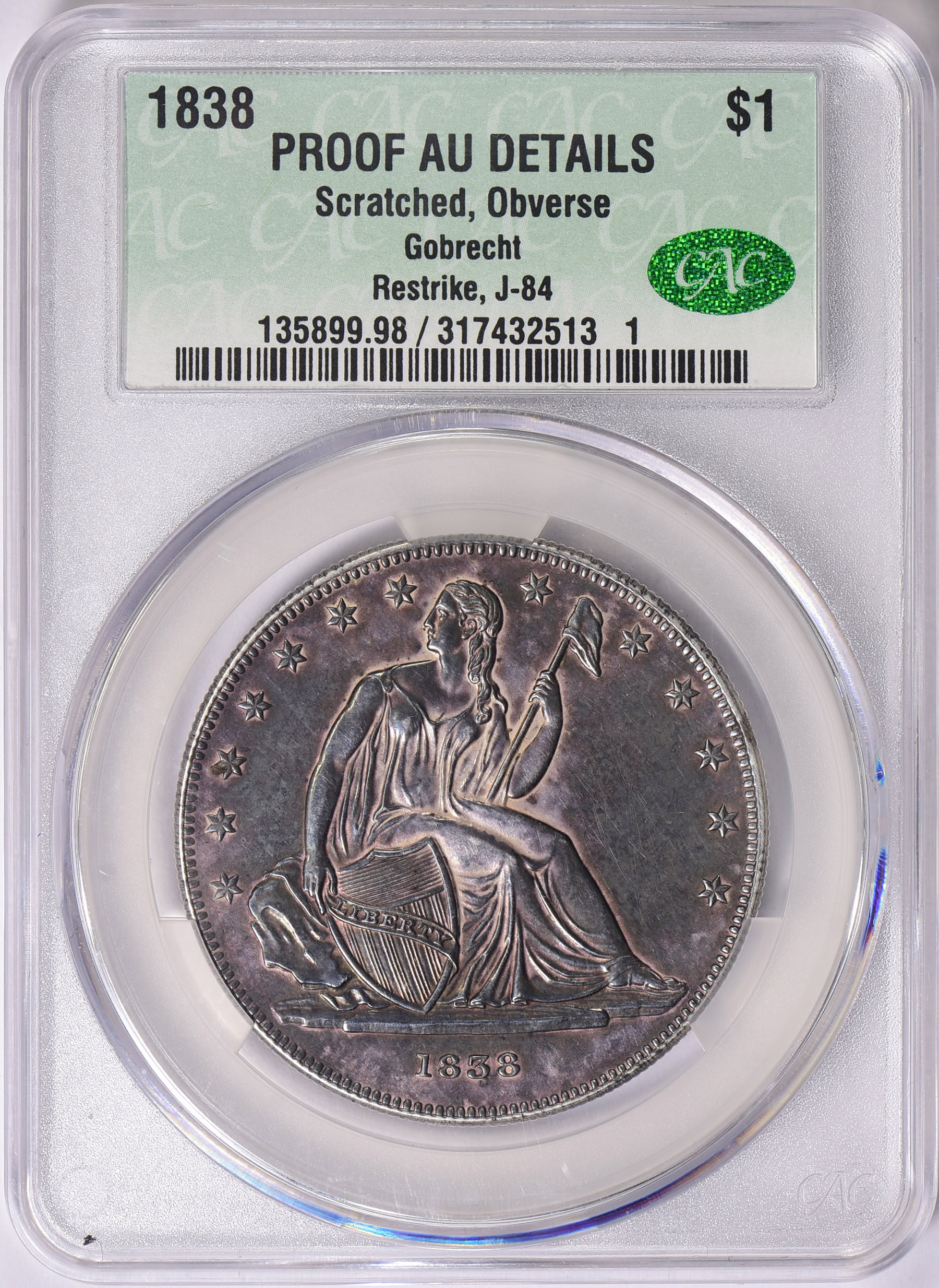 1838 Gobrecht Silver Dollar Pattern J-84 Restrike CACG Proof AU Details ...