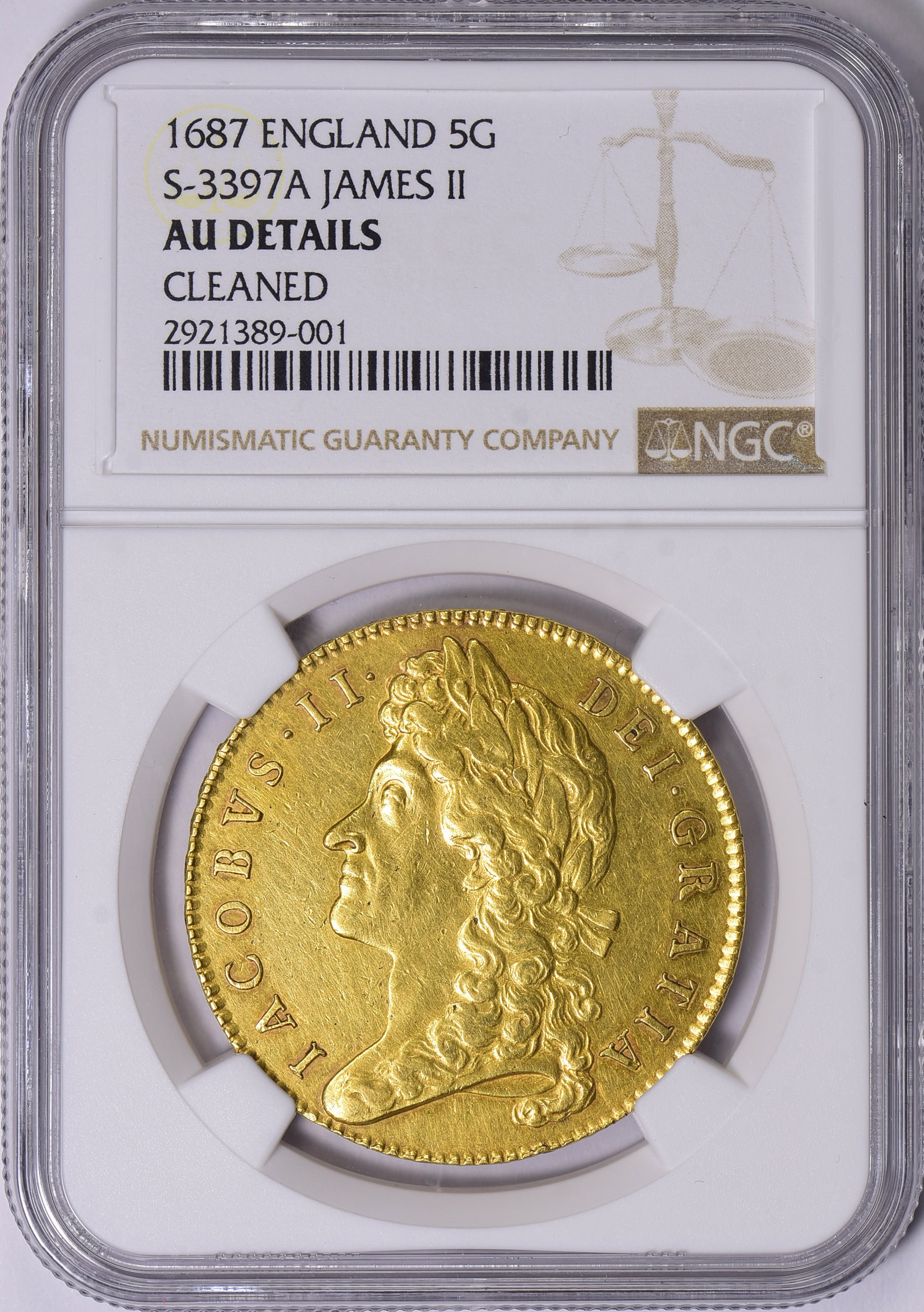 Great Britain 1687 Gold 5 Guineas Second Bust KM-460.1 NGC AU Details (AGW = 1.2365 oz.) (Item ...