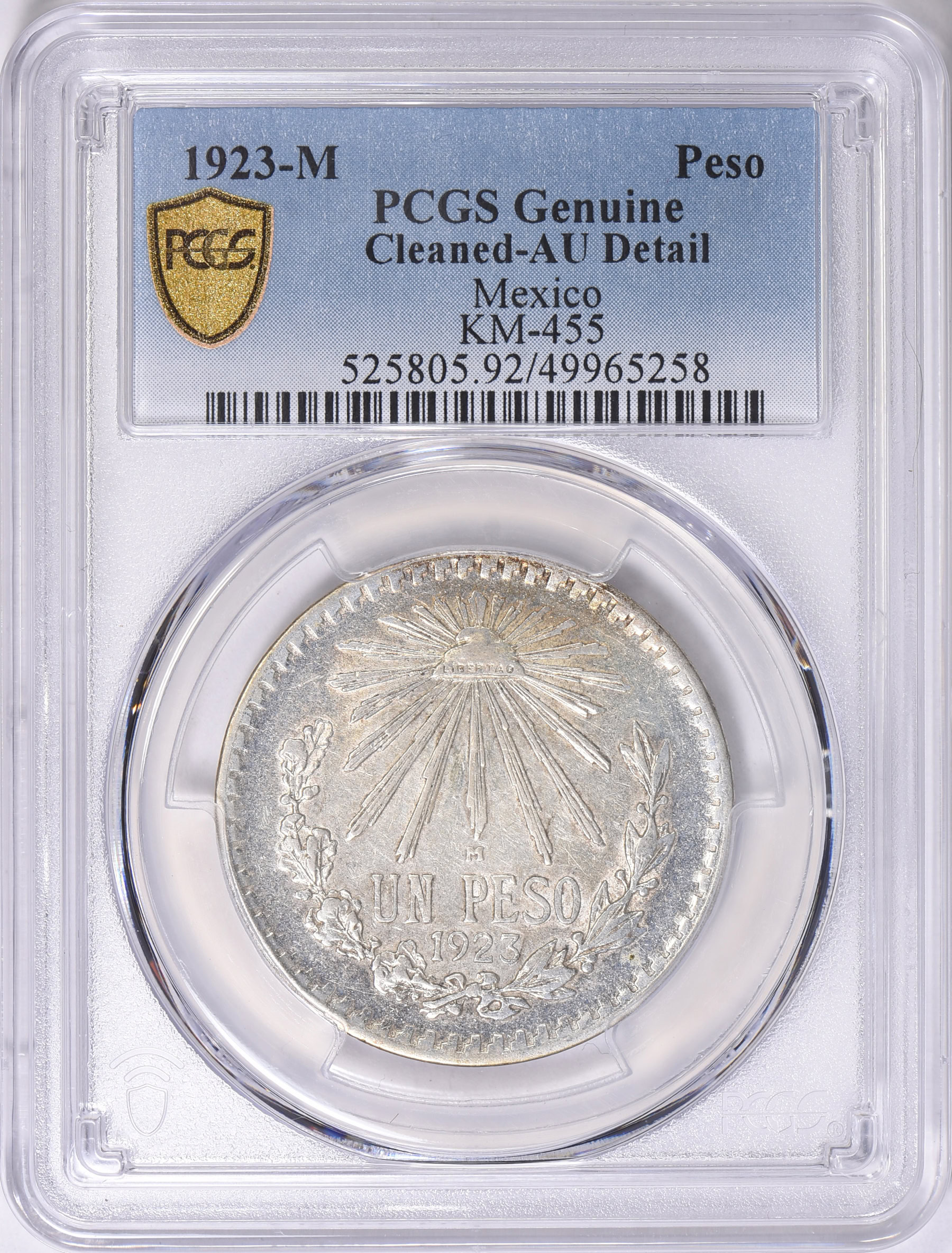 Mexico 1923-M Silver Peso KM-455 PCGS (ASW = 0.3843 Oz.) Genuine AU ...