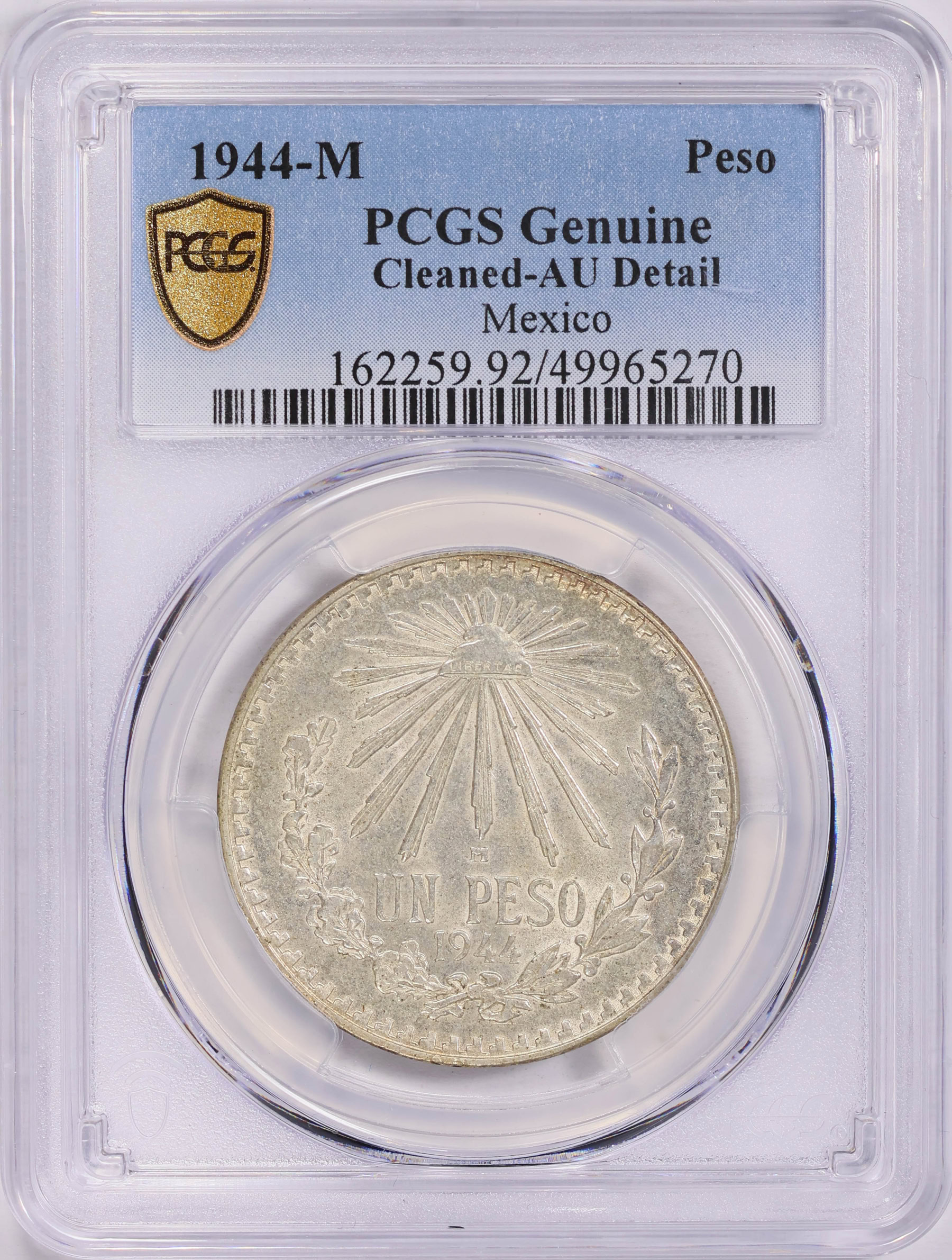 Mexico 1944-M Silver Peso KM-455 PCGS Genuine AU Details (ASW = 0.3843 ...
