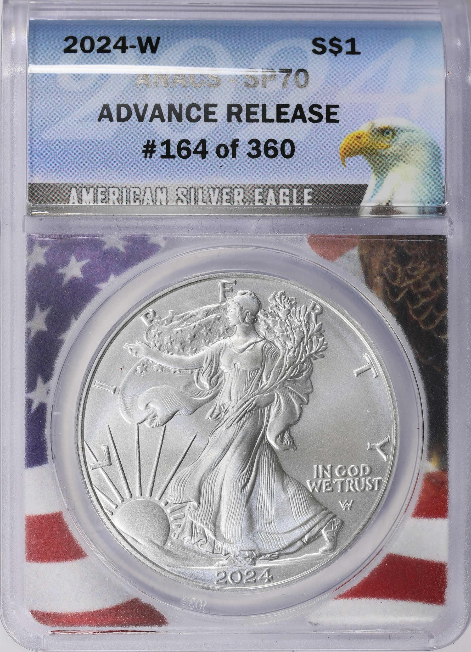 2024-W $1 Silver Eagle Burnished Advanced Release ANACS SP-70 (Flag Frame Holder) | ANACS Cert ...