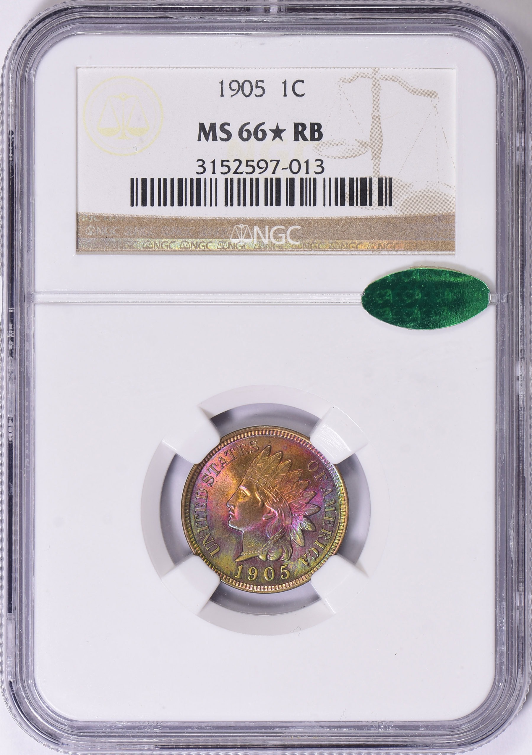 1905 Indian Cent NGC MS-66 ★ RB (CAC Green) (Toned) (Item 1657250) | GreatCollections Coin Auctions