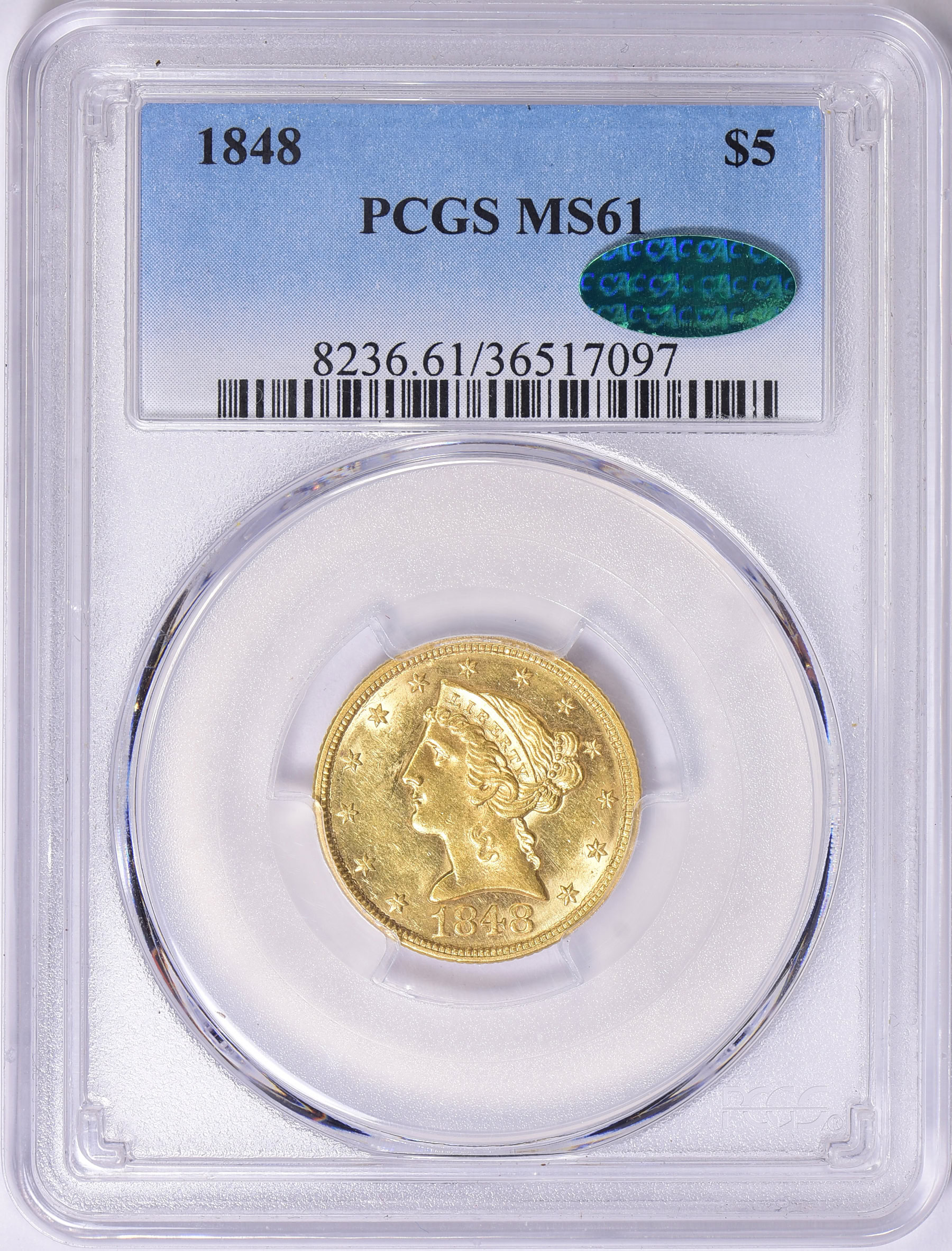 1848 Liberty Gold Half Eagle PCGS MS-61 (CAC Green) (Item 1657261 ...