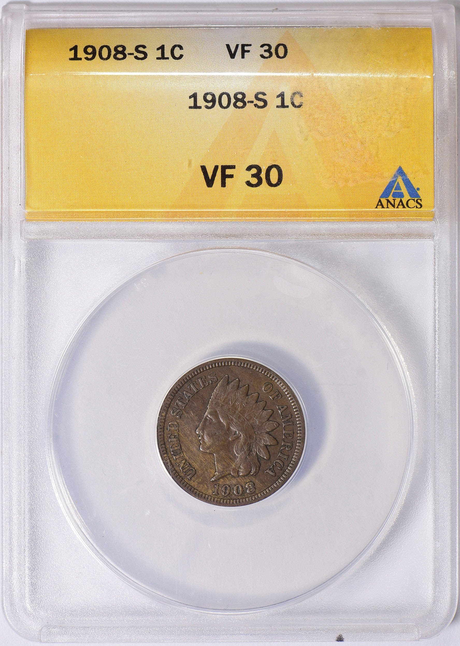 1908-S Indian Cent ANACS VF-30 BN (Item 1657264) | GreatCollections Coin Auctions