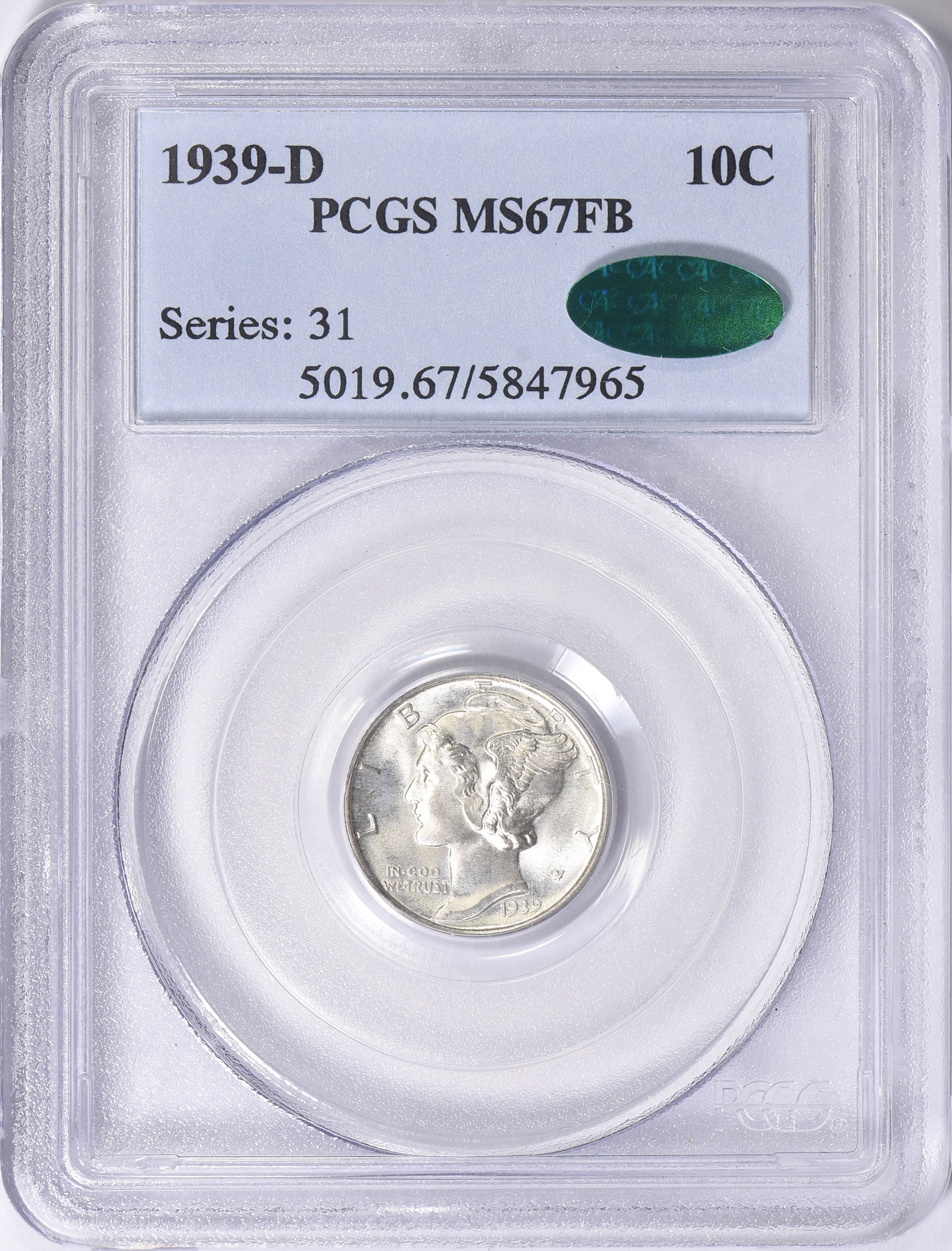 1939-D Mercury Dime PCGS MS-67 FB (CAC Green) (Item 1657314) | GreatCollections Coin Auctions