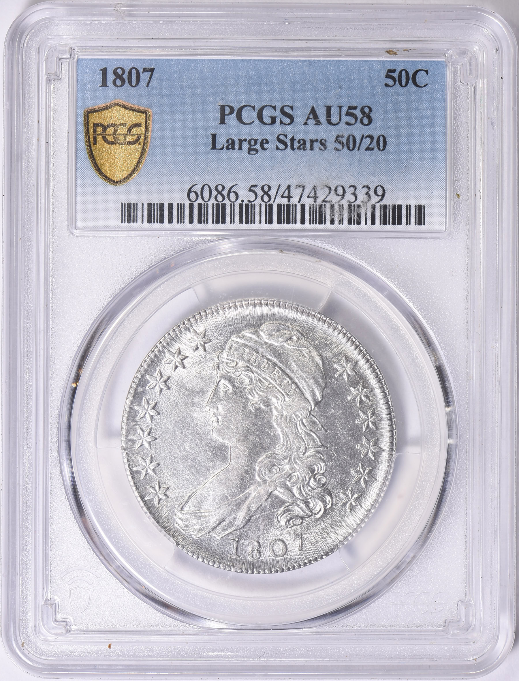 1807 Capped Bust Half Dollar Large Stars, 50/20 PCGS AU-58 (Item 1657797) | GreatCollections ...