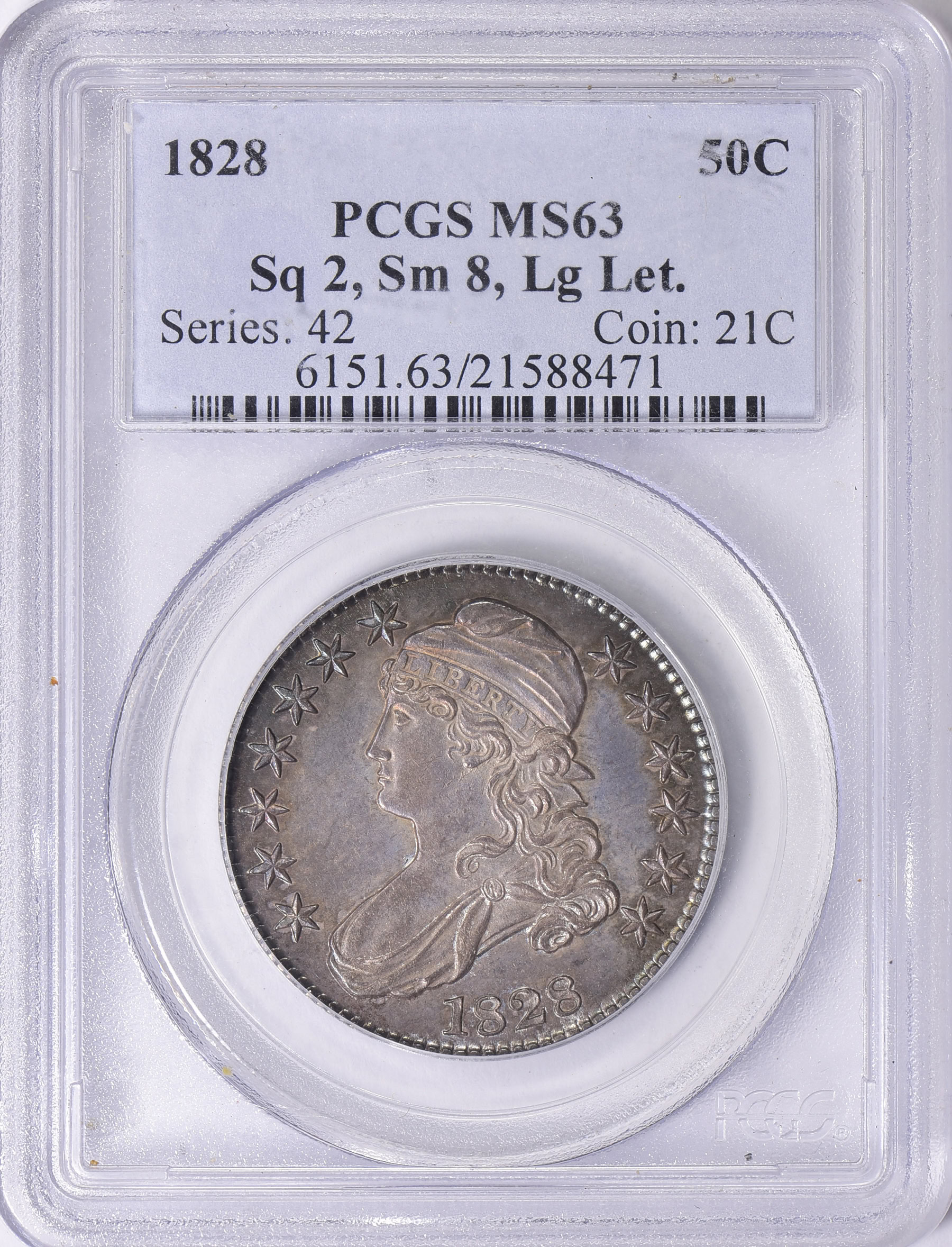 1828 Capped Bust Half Dollar Square Base 2, Small 8s, Large Letters PCGS MS-63 (Toned) (Item ...