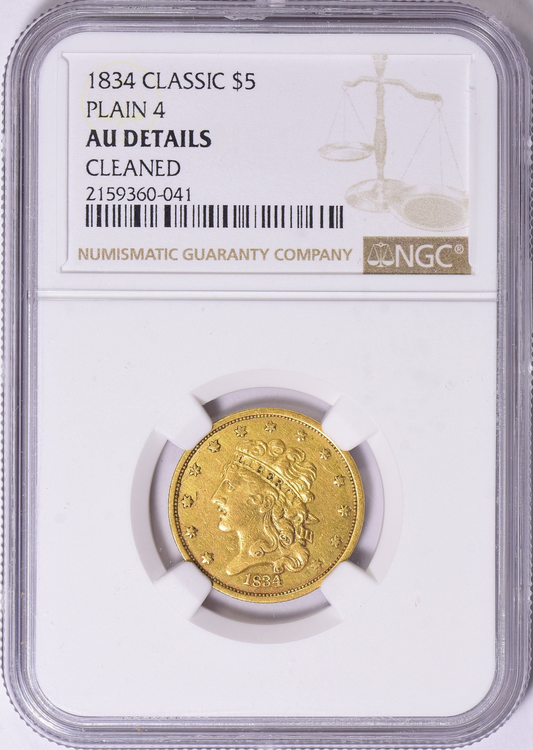 1834 Classic Head Gold Half Eagle Plain 4 NGC AU Details (Item 1657902) | GreatCollections Coin ...