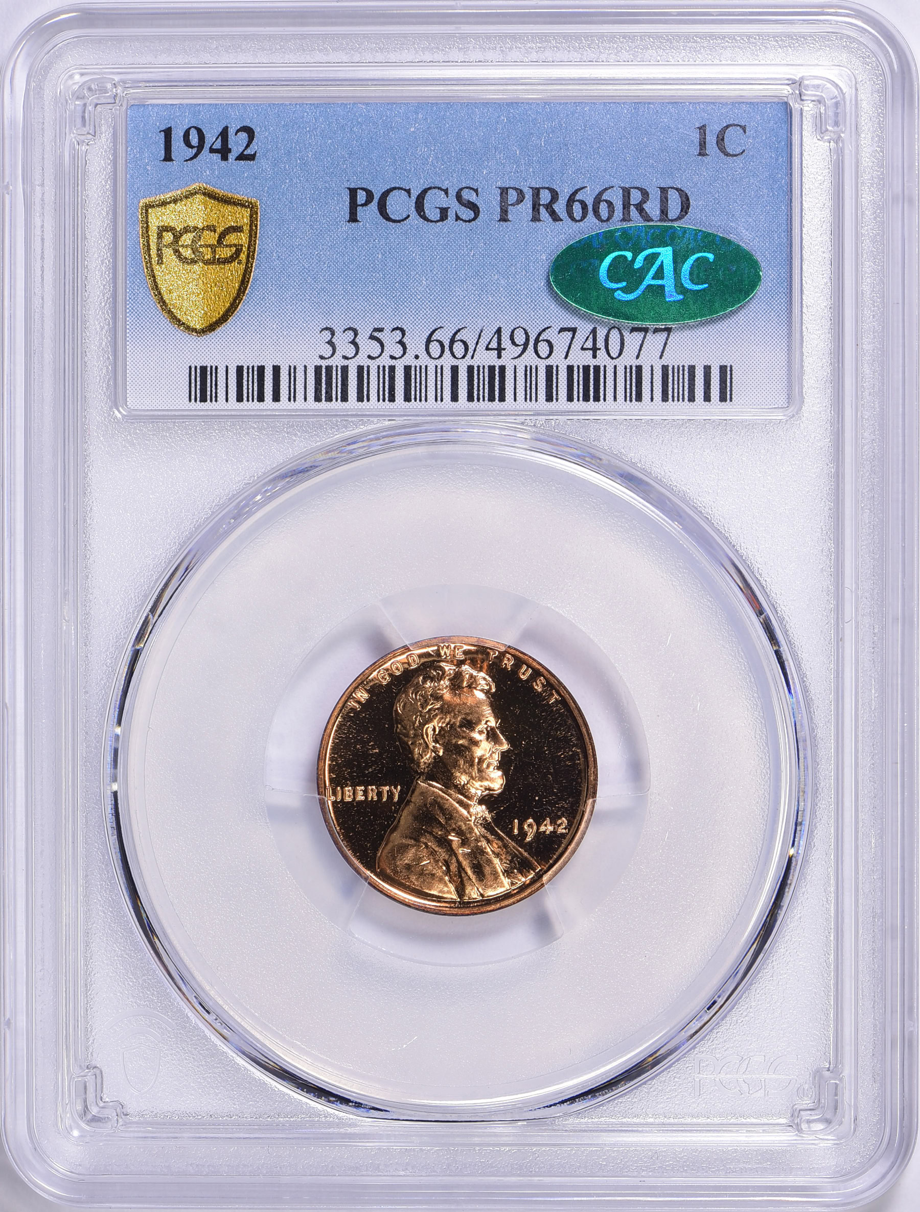 1942 Lincoln Cent PCGS Proof-66 RD (CAC Green) (Item 1658172) | GreatCollections Coin Auctions