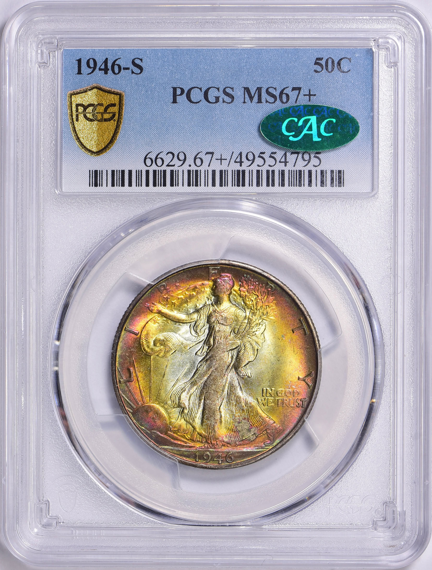 1946-S Walking Liberty Half Dollar PCGS MS-67+ (CAC Green) (Toned) (Item 1658198 ...