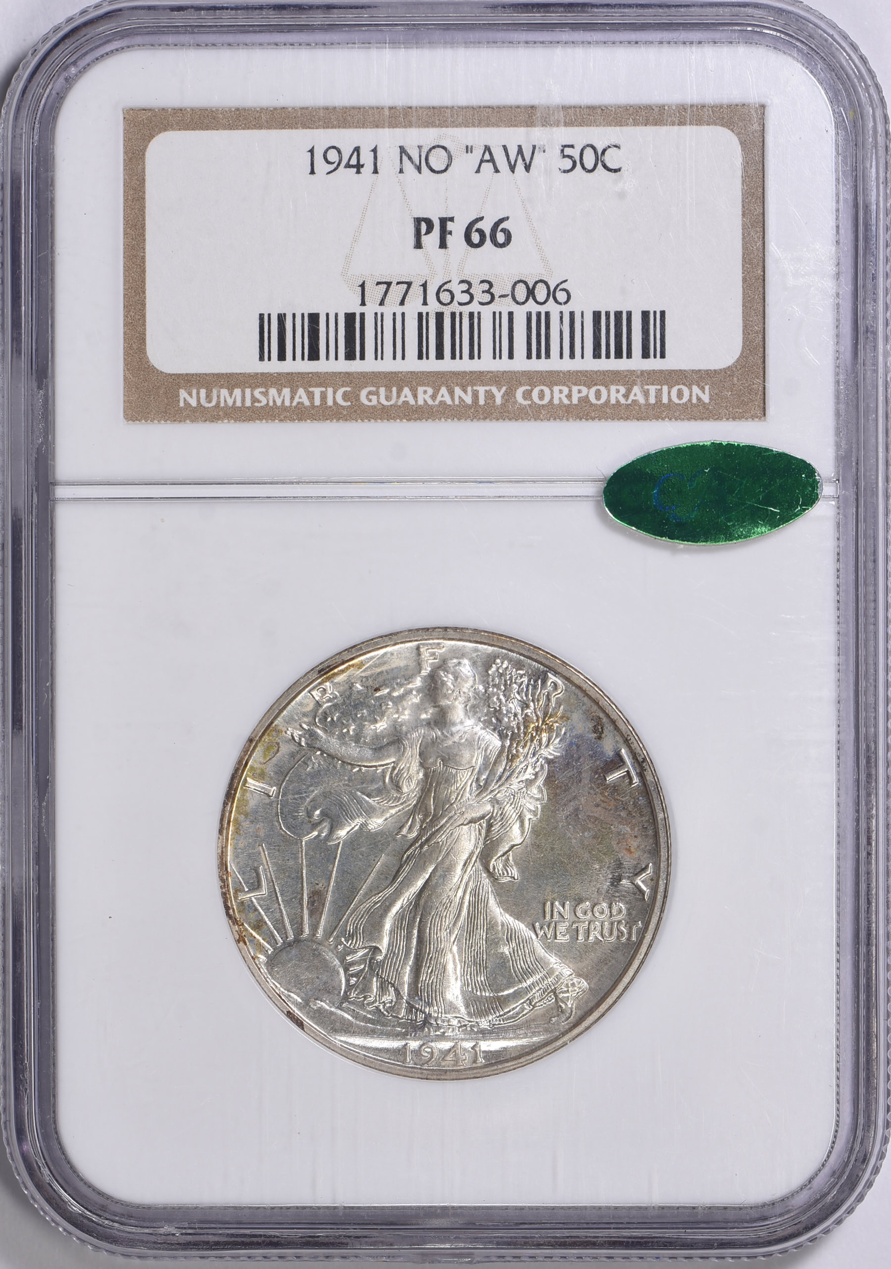 1941 Walking Liberty Half Dollar No "AW" NGC Proof-66 (CAC Green) (Item 1658235 ...