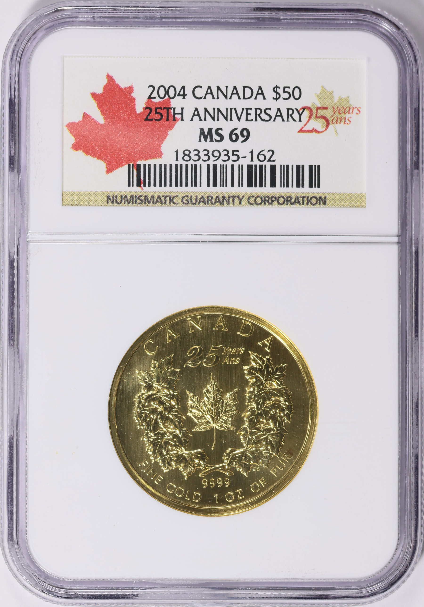 Canada 2004 Gold $50 Maple Leaf 25th Anniversary NGC MS-69 (AGW = 0. ...