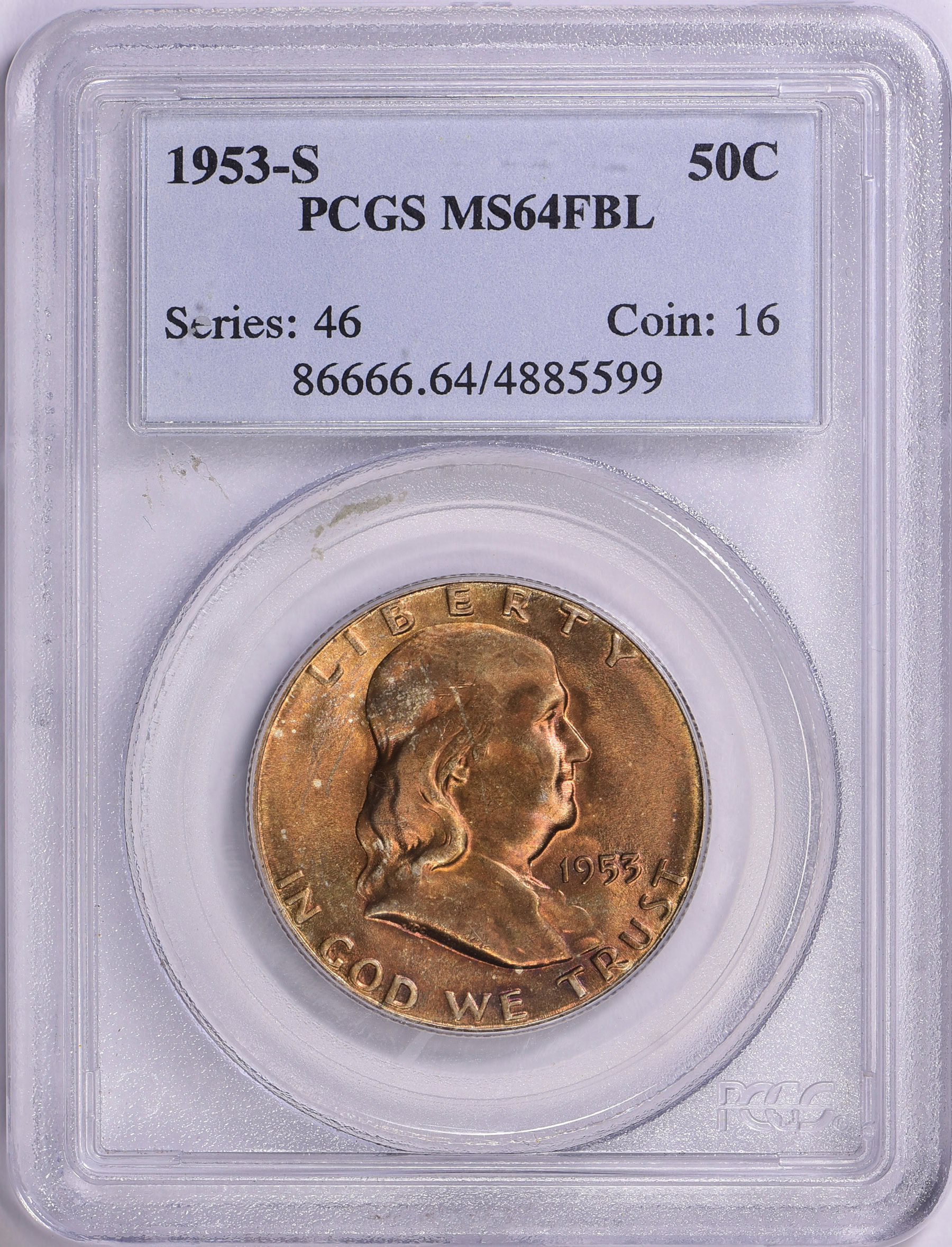 1953-S Franklin Half Dollar PCGS MS-64 FBL (Toned) (Item 1658376 ...