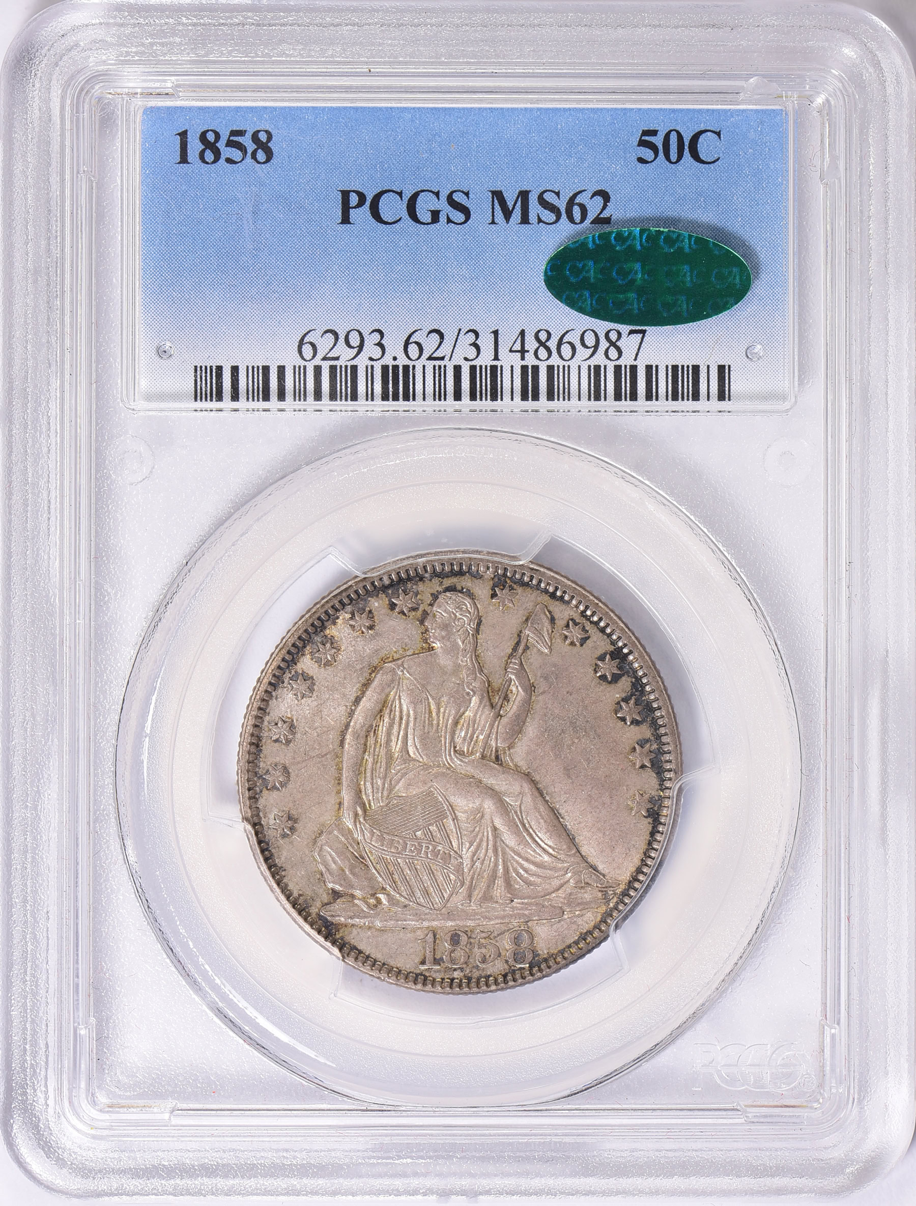 1858 Seated Liberty Half Dollar PCGS MS-62 (CAC Green) (Item 1658380) | GreatCollections Coin ...