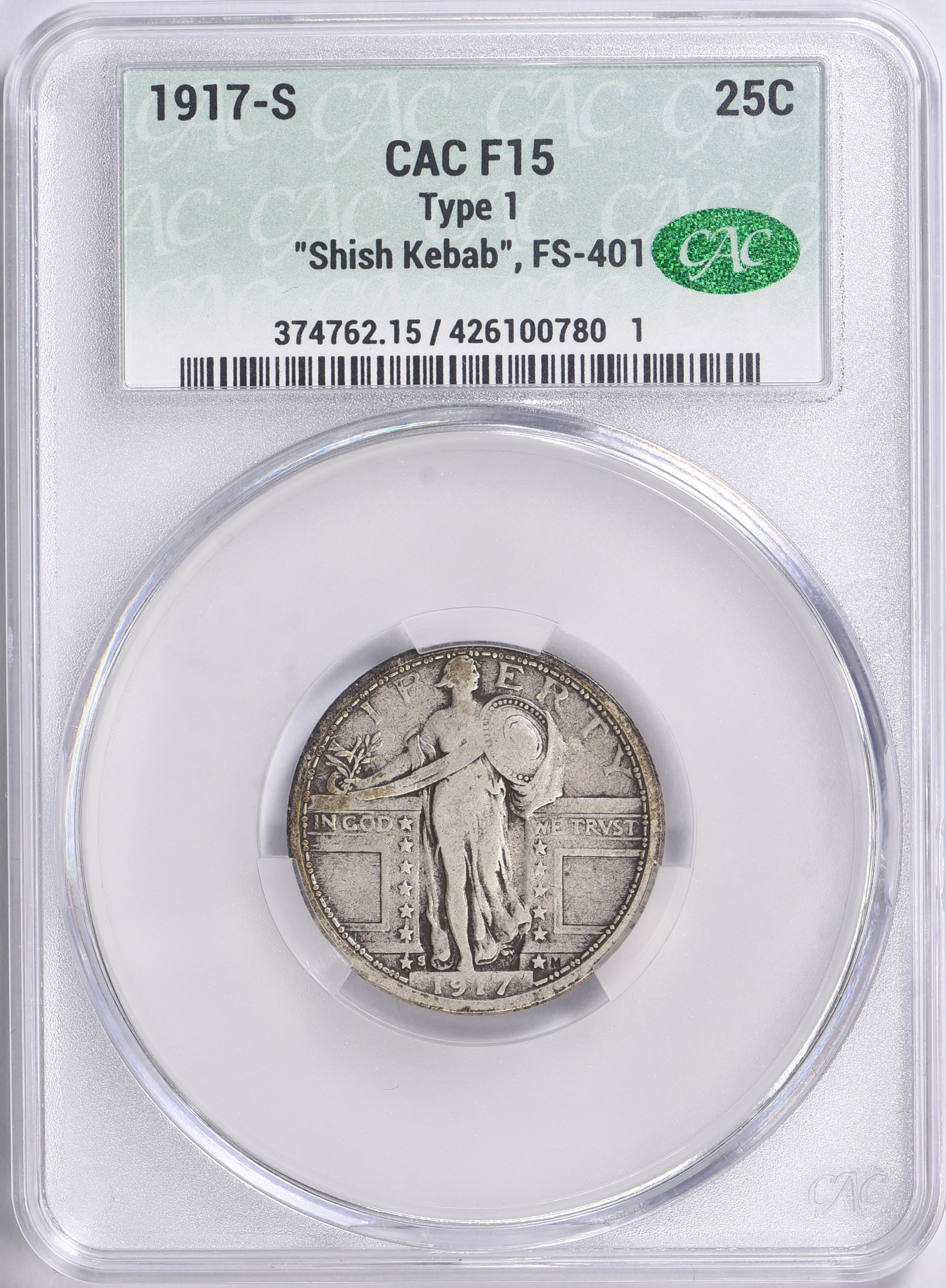 1917-S Standing Liberty Quarter Shish Kabab FS-401 Type 1 CACG F-15 ...