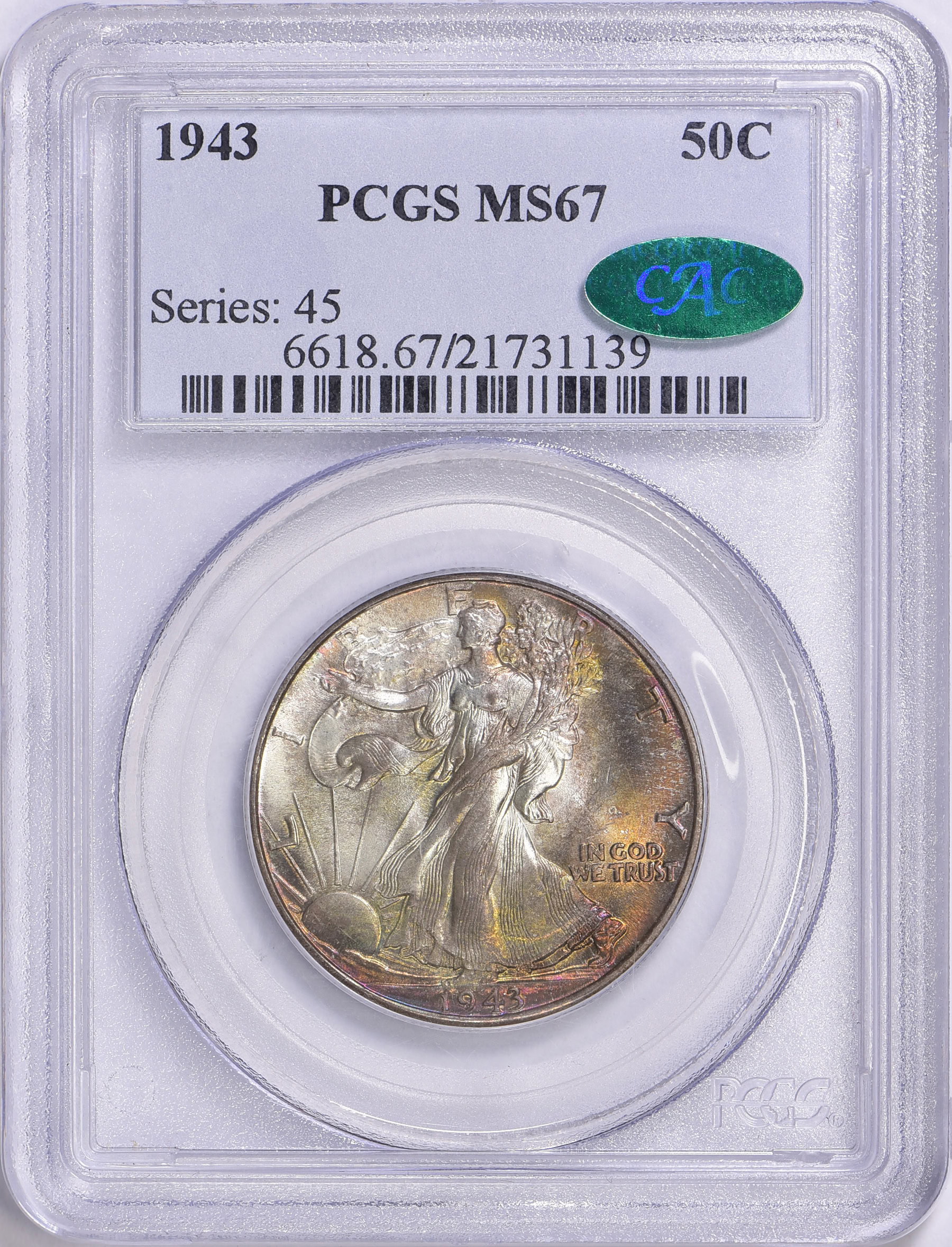 1943 Walking Liberty Half Dollar PCGS MS-67 (CAC Green) (Toned) (Item 1658581 ...