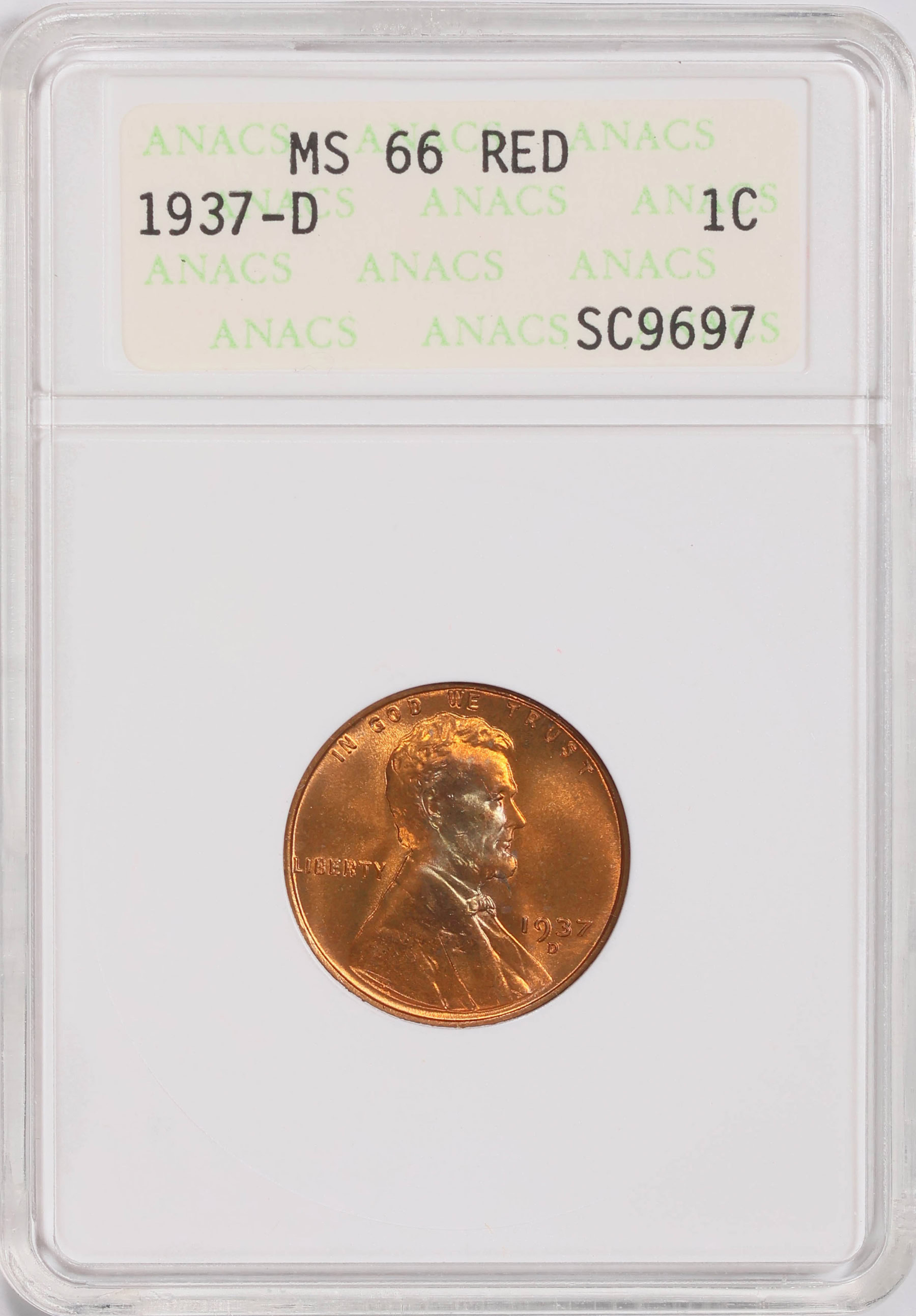 1937-D Lincoln Cent ANACS MS-66 RD OH (Item 1659051) | GreatCollections Coin Auctions