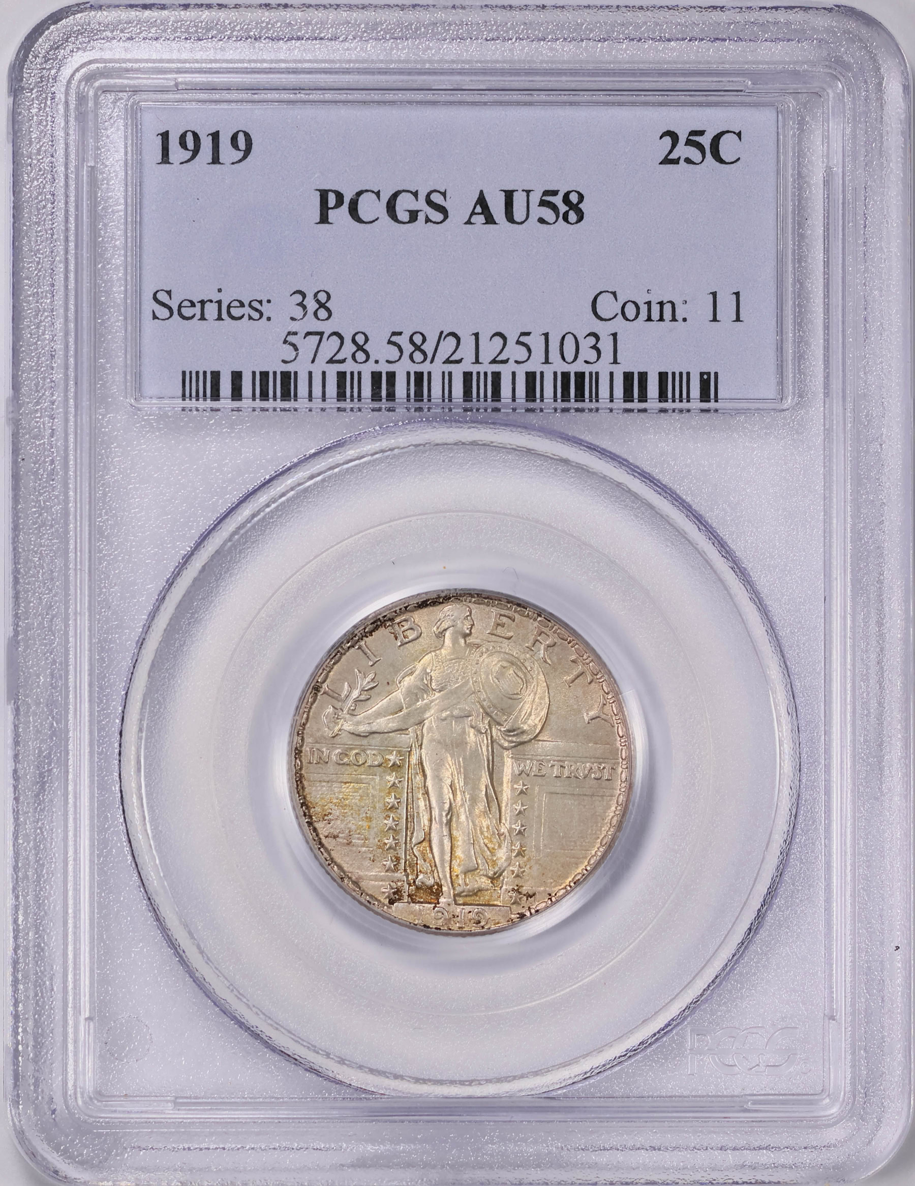 1919 Standing Liberty Quarter PCGS AU-58 (Toned) (Item 1659127) | GreatCollections Coin Auctions