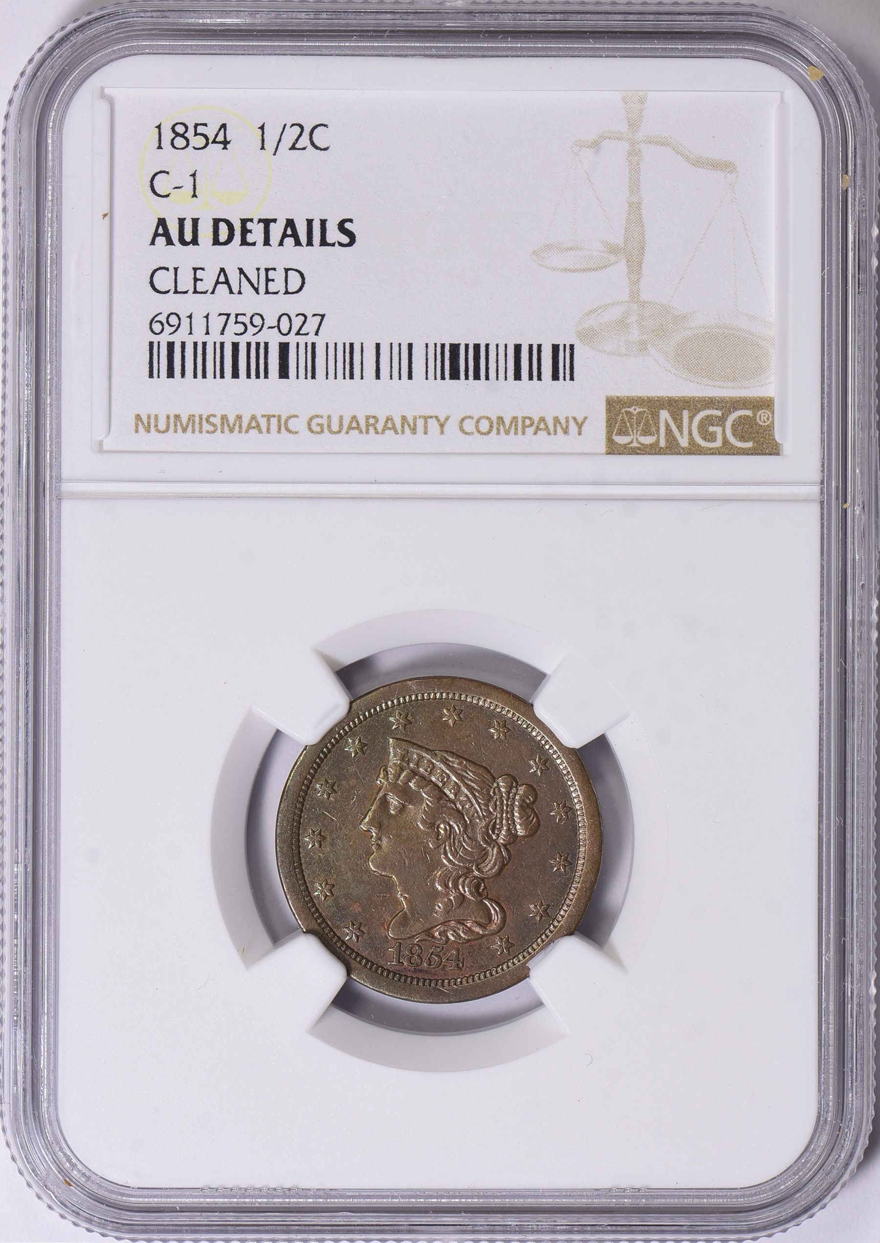1854 Braided Hair Half Cent C-1 NGC AU Details (Item 1659200) | GreatCollections Coin Auctions