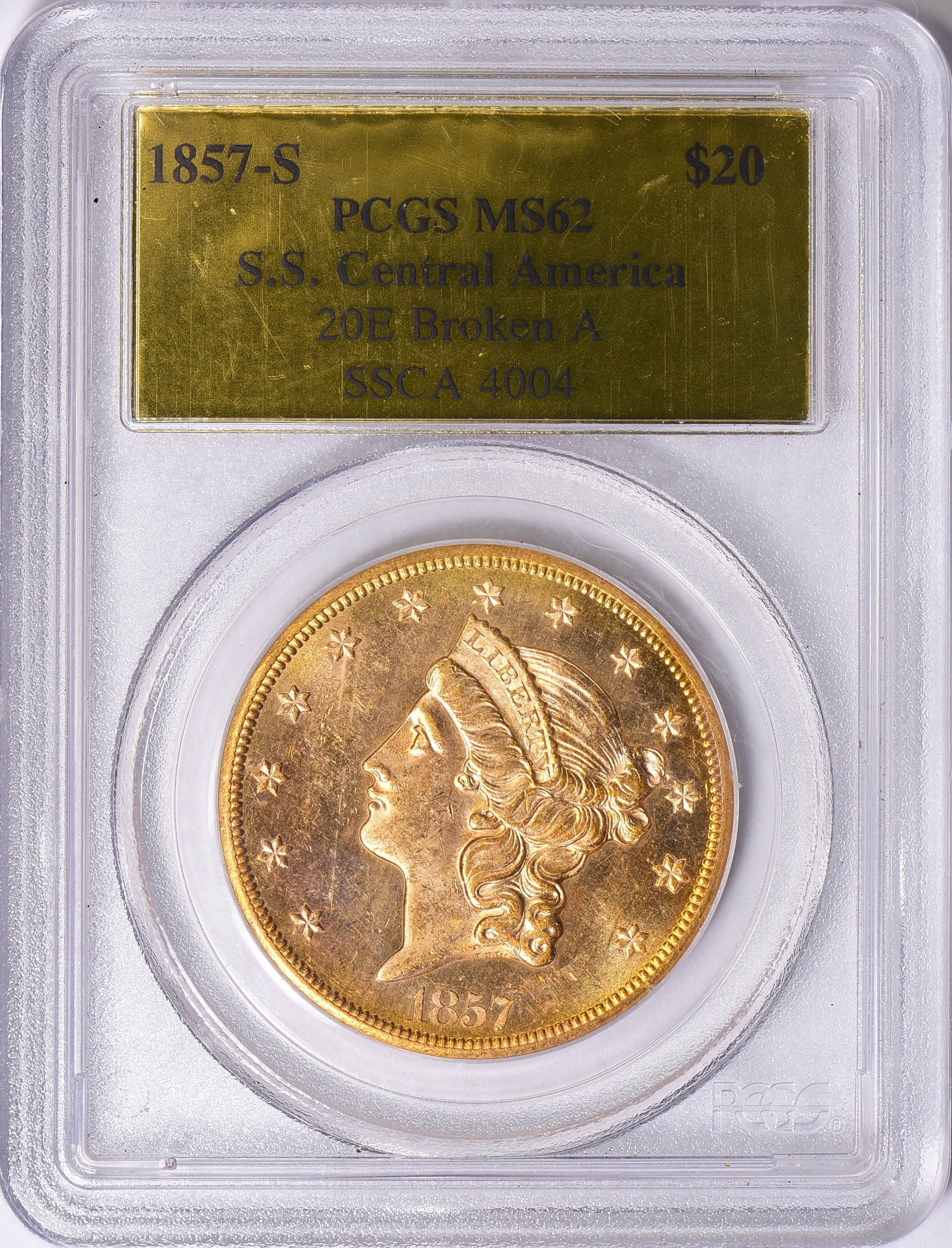 1857-S Liberty Gold Double Eagle 20E Broken A Shipwreck S.S. Central America PCGS MS-62 (Item ...
